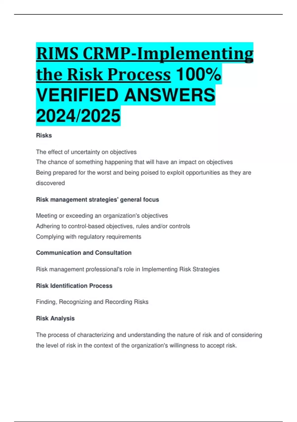 RIMS CRMP-Implementing the Risk Process 100% VERIFIED ANSWERS 2024/2025 ...