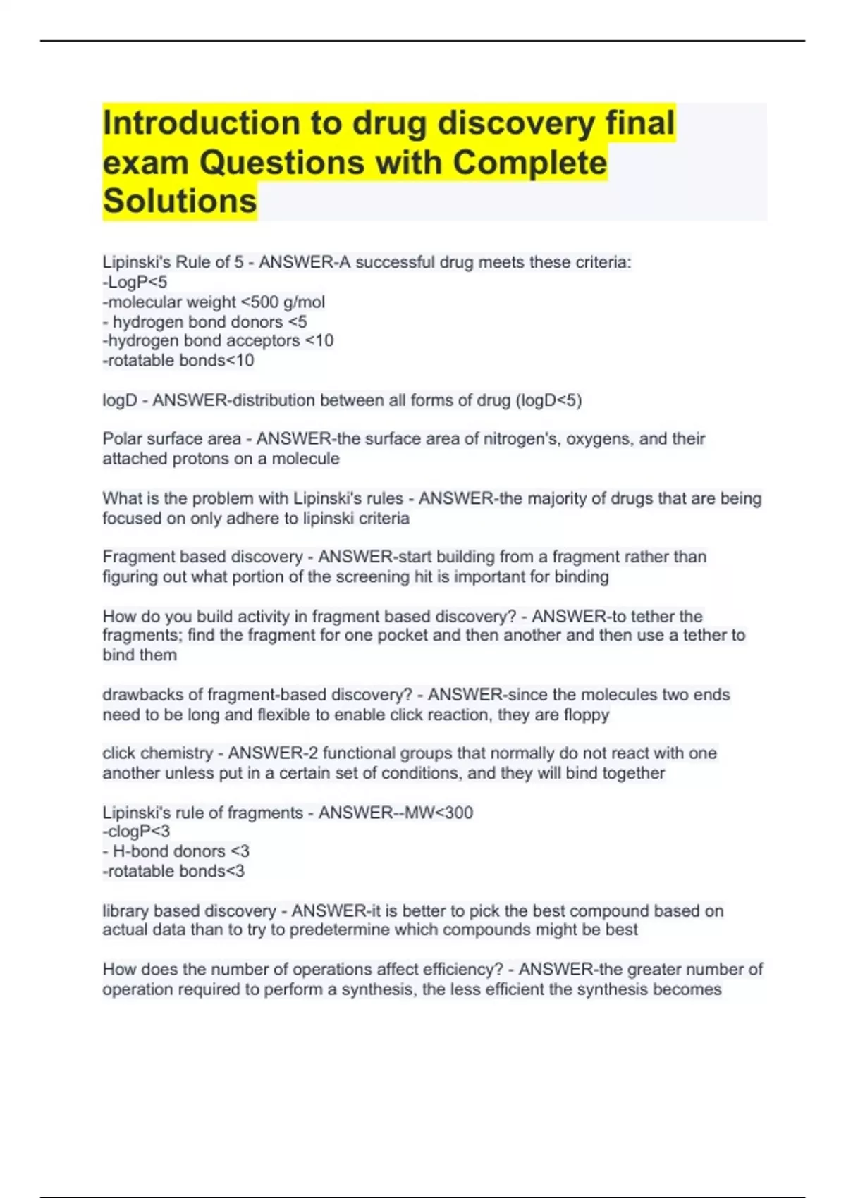 Introduction to drug discovery final exam Questions with Complete ...
