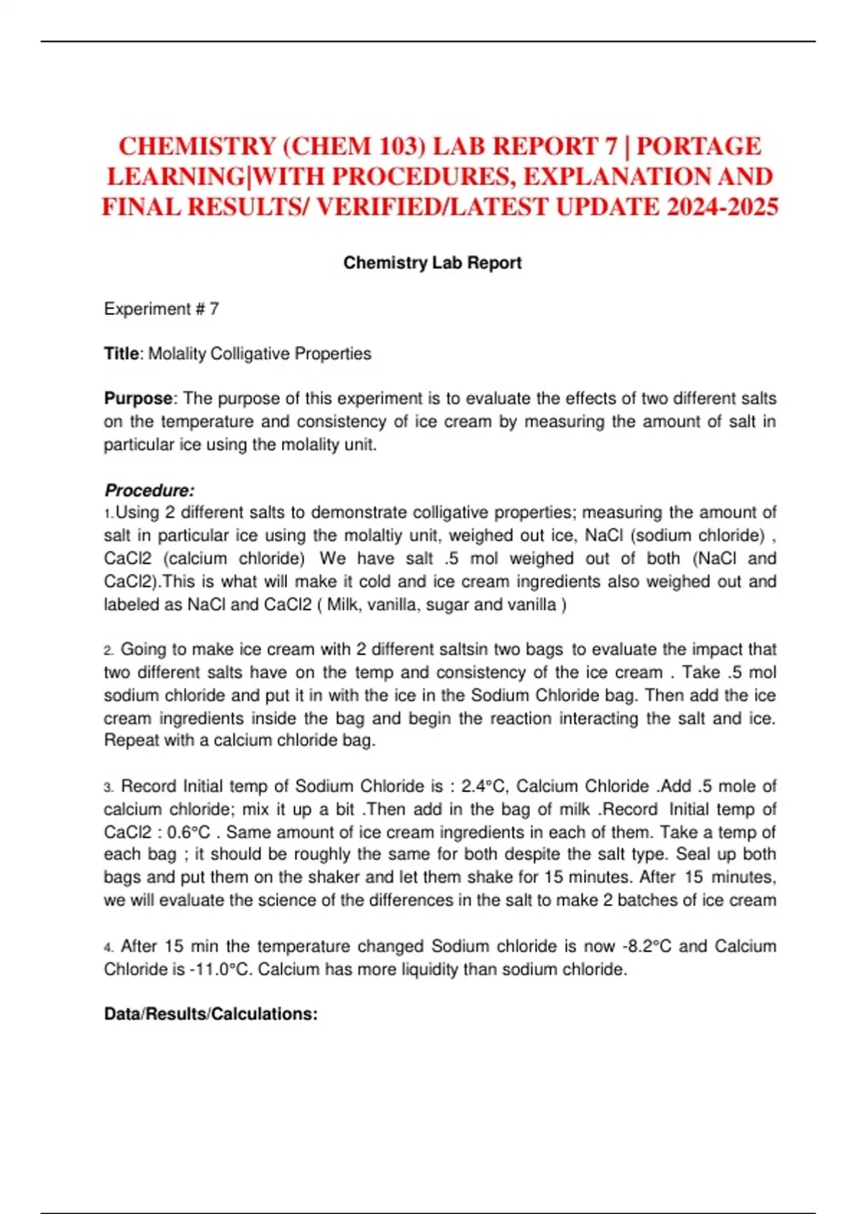CHEMISTRY (CHEM 103) LAB REPORT 7 | PORTAGE LEARNING|WITH PROCEDURES ...