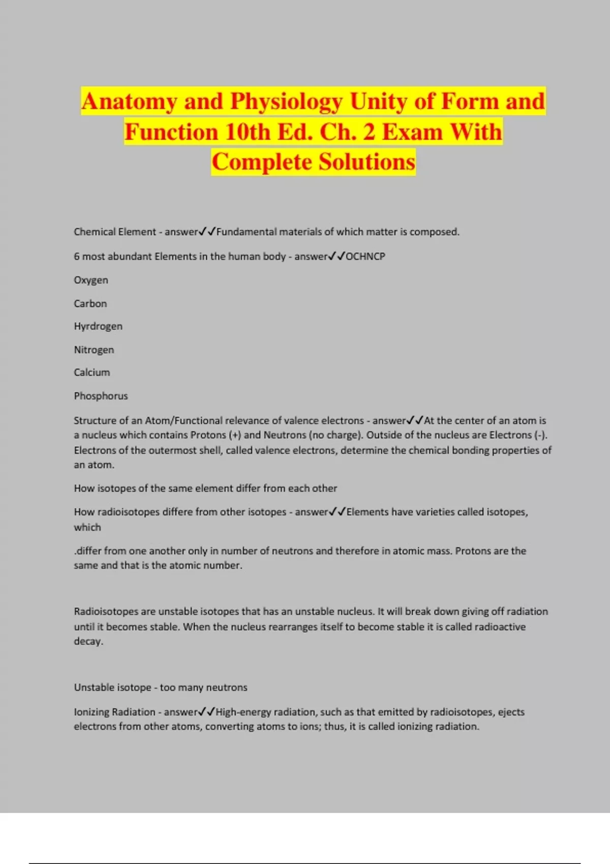 Anatomy and Physiology Unity of Form and Function 10th Ed. Ch. 2 Exam ...