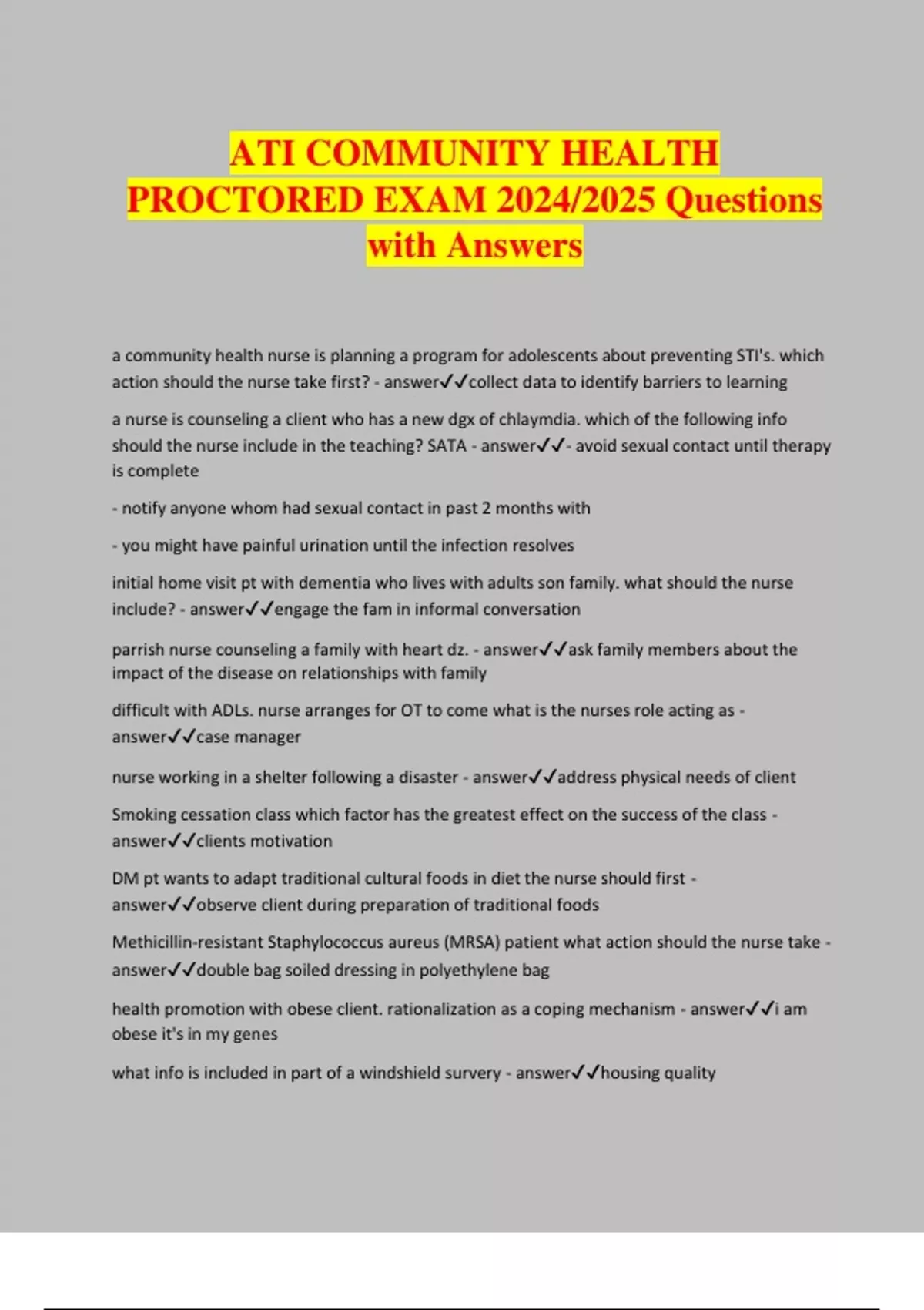 ATI COMMUNITY HEALTH PROCTORED EXAM 2024/2025 Questions with Answers ...