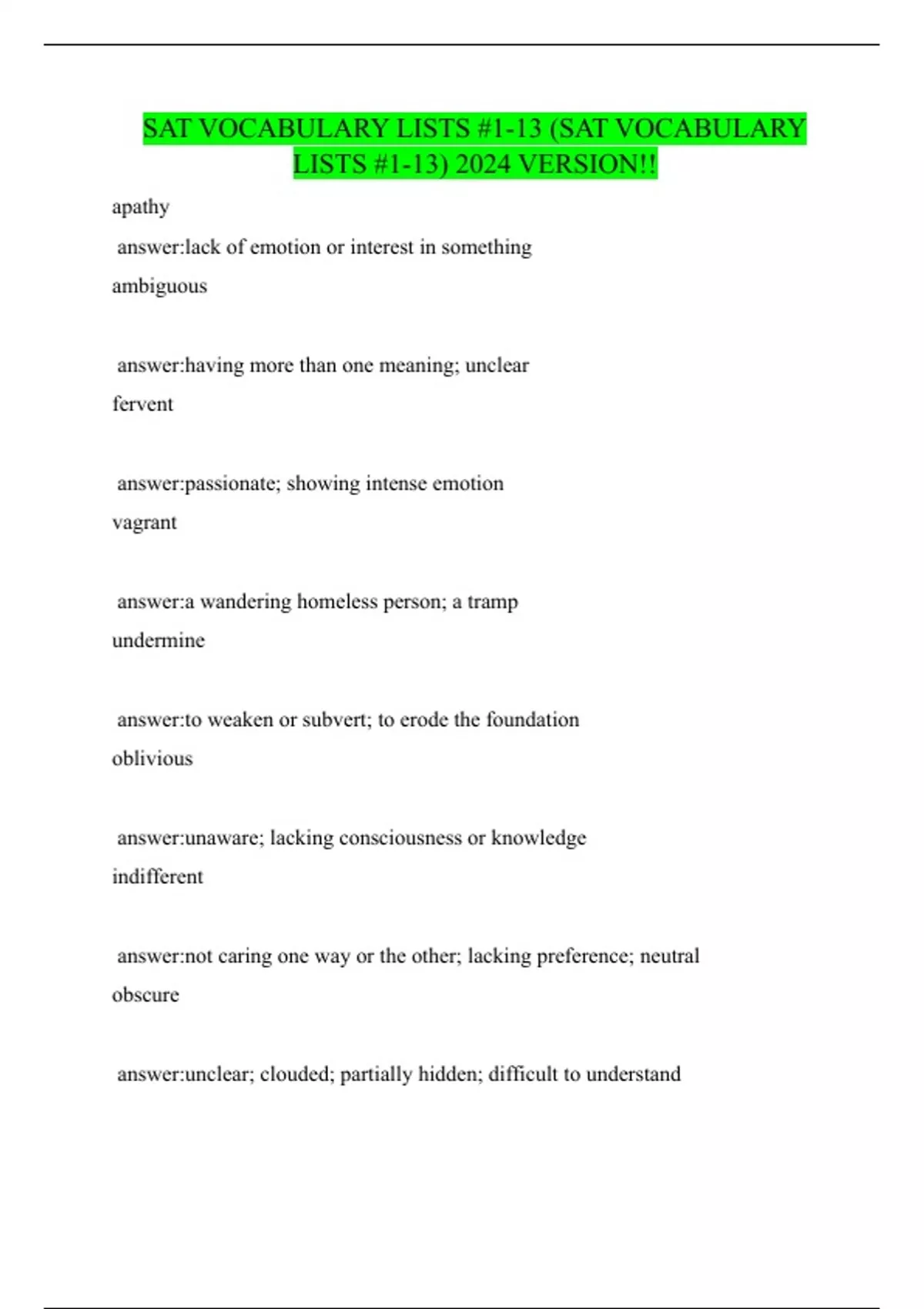 SAT VOCABULARY LISTS #1-13 (SAT VOCABULARY LISTS #1-13) 2024 VERSION ...