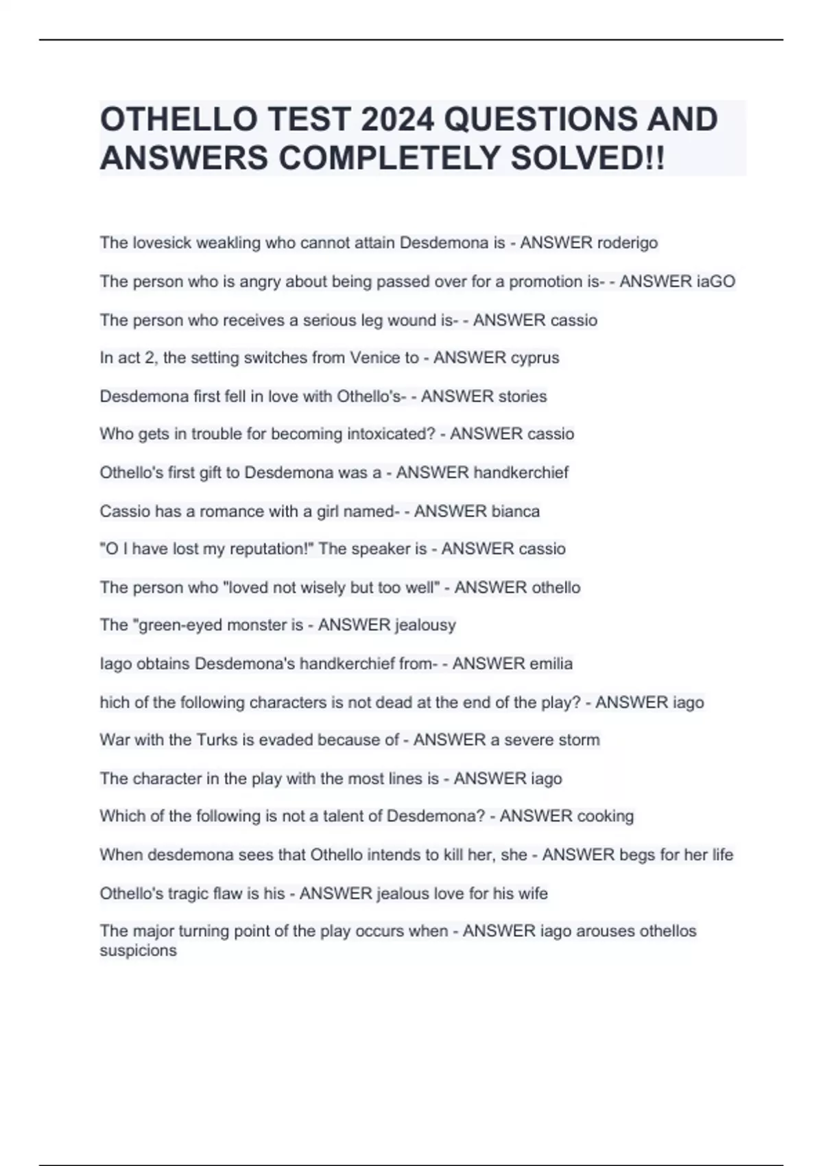 OTHELLO TEST 2024 QUESTIONS AND ANSWERS COMPLETELY SOLVED!! - OTHELLO ...