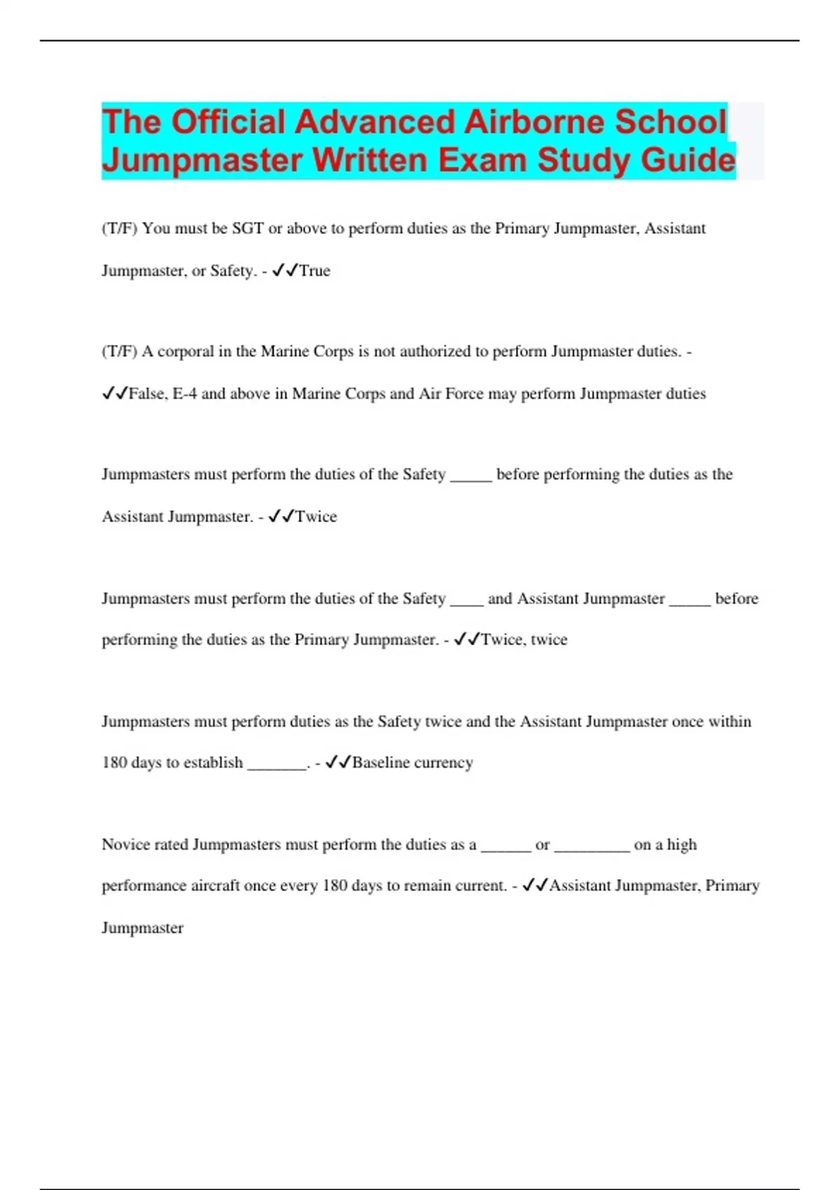 The Official Advanced Airborne School Jumpmaster Written Exam Study Guide - The Official ...