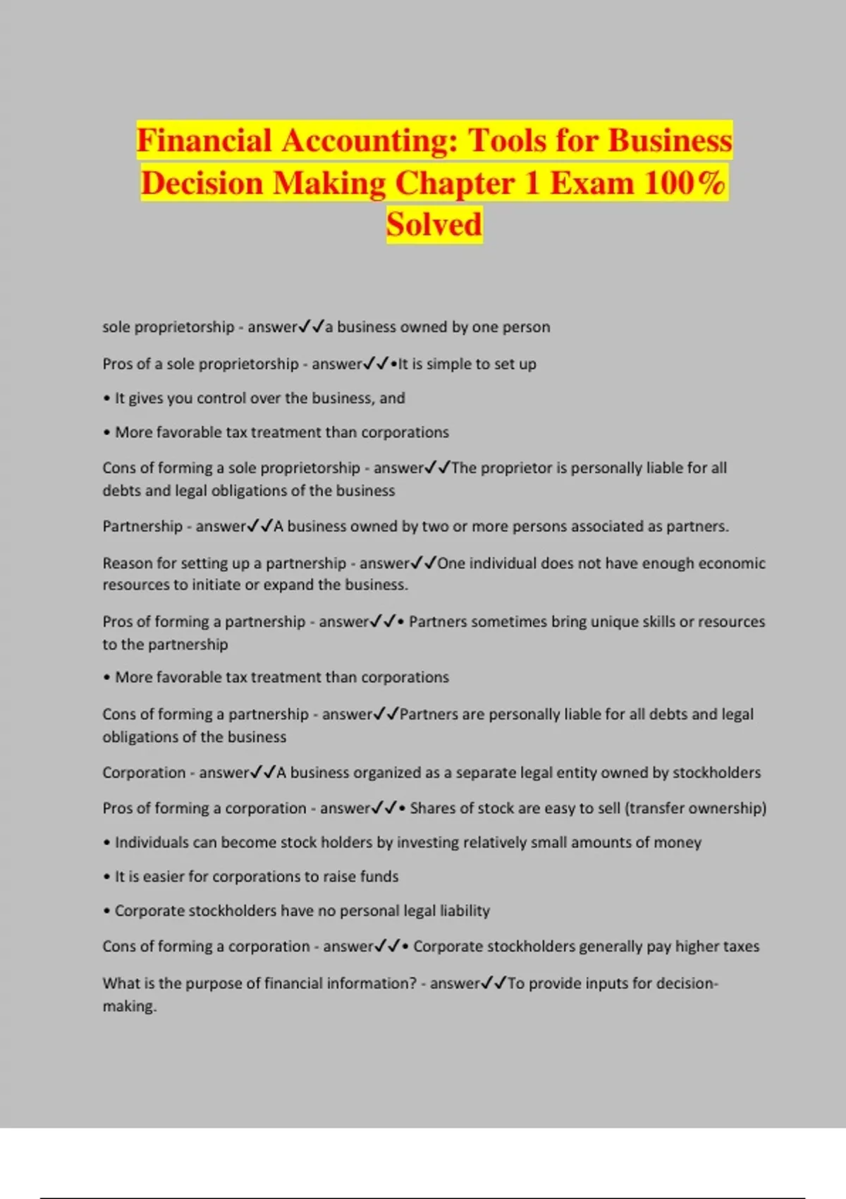 Financial Accounting: Tools for Business Decision Making Chapter 1 Exam 100% Solved - Financial ...