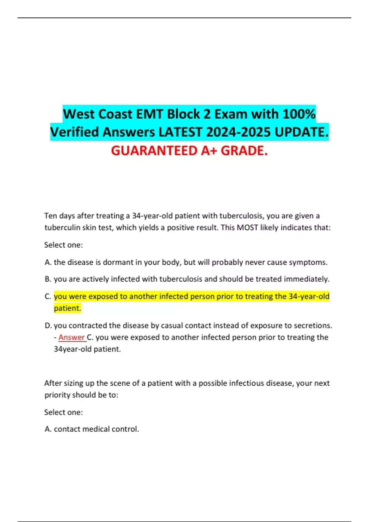 West Coast EMT Block 2 Exam with 100 Verified Answers LATEST UPDATE ...