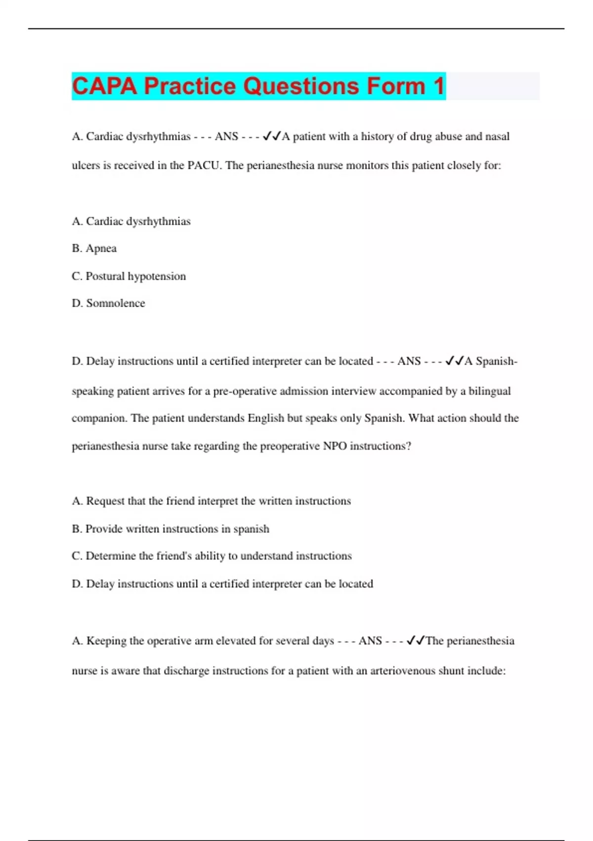 CAPA Practice Questions Form 1 - CAPA Practice - Stuvia US