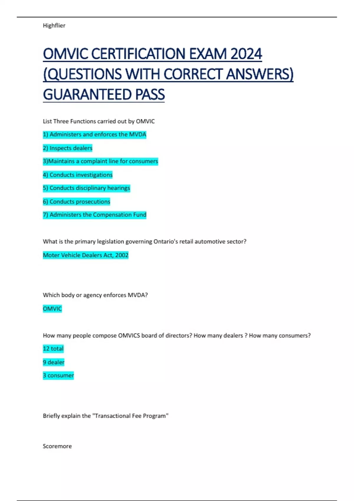 OMVIC CERTIFICATION EXAM 2024 (QUESTIONS WITH CORRECT ANSWERS ...