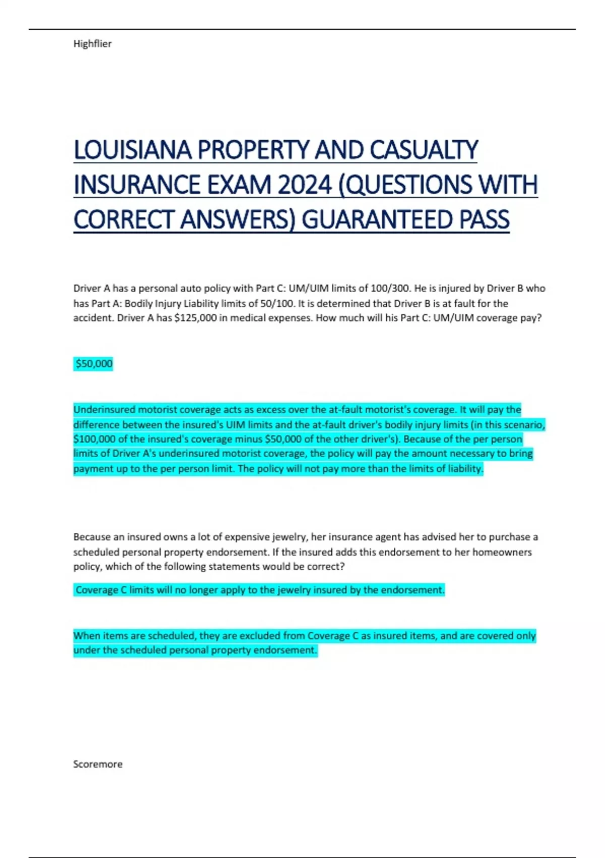 LOUISIANA PROPERTY AND CASUALTY INSURANCE EXAM 2024 QUESTIONS WITH LOUISIANA PROPERTY AND CASUALTY INSURANCE EXAM 2024 QUESTIONS WITH