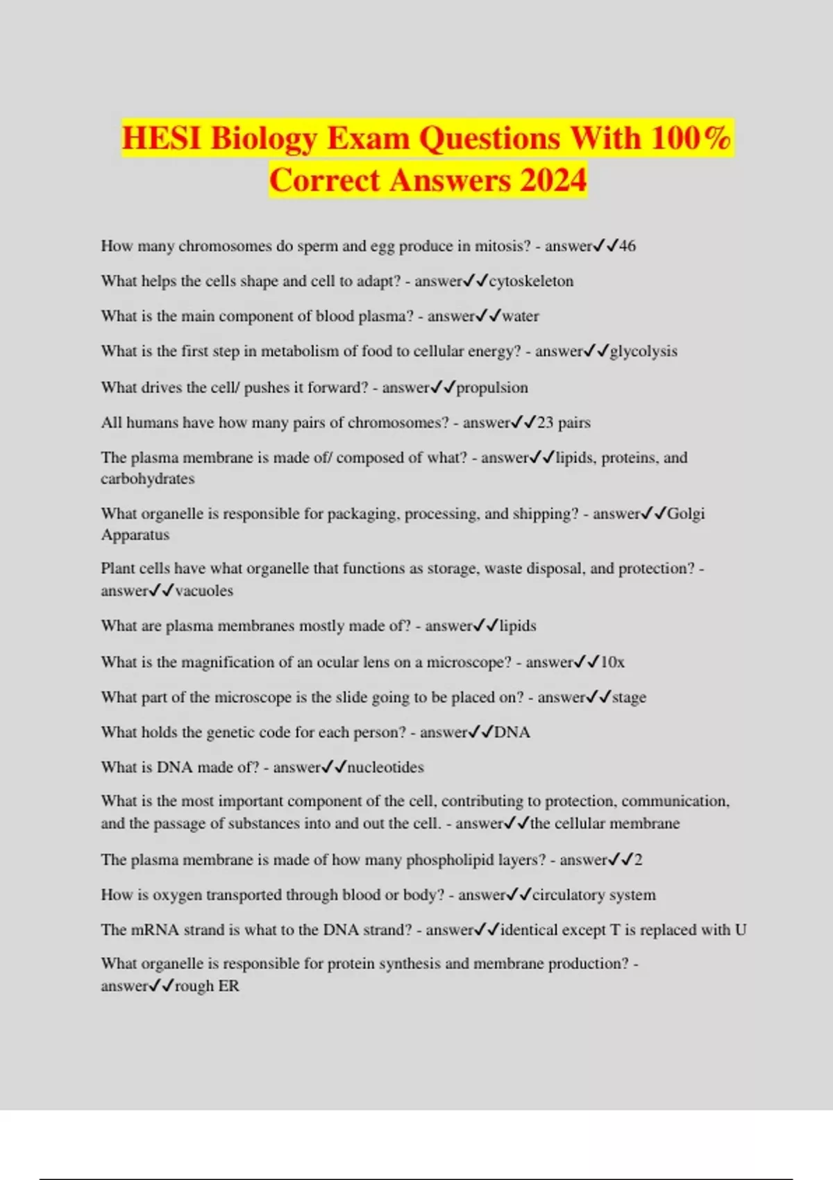 HESI Biology Exam Questions With 100% Correct Answers 2024 - HESI ...