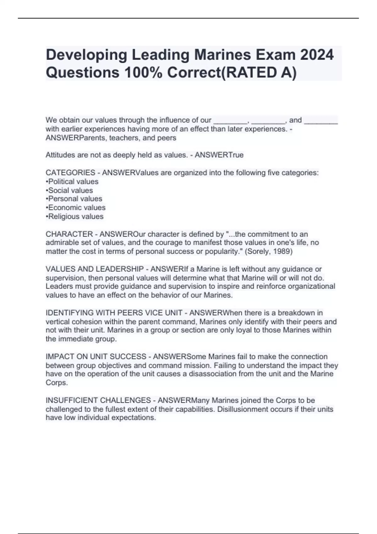 Developing Leading Marines Exam 2024 Questions 100% Correct(RATED A ...