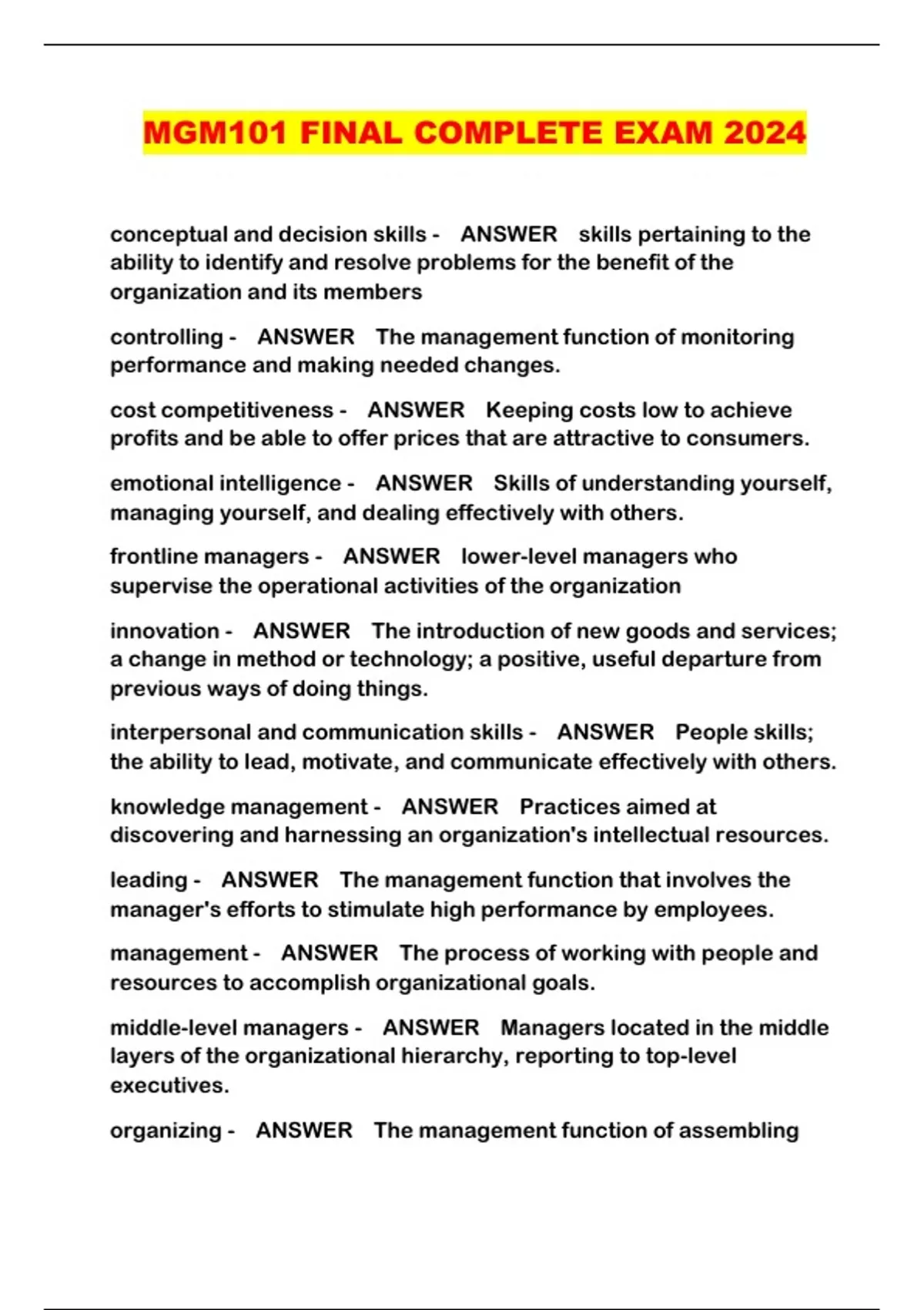 MGM101 FINAL COMPLETE EXAM 2024 - MGM101 - Stuvia US