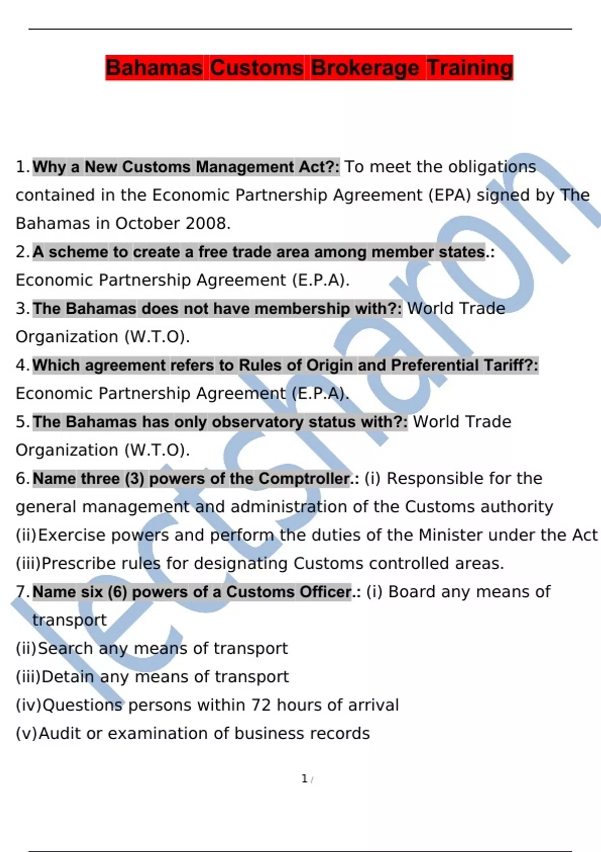Bahamas Customs Brokerage Training Exam 2024 with complete solution ...