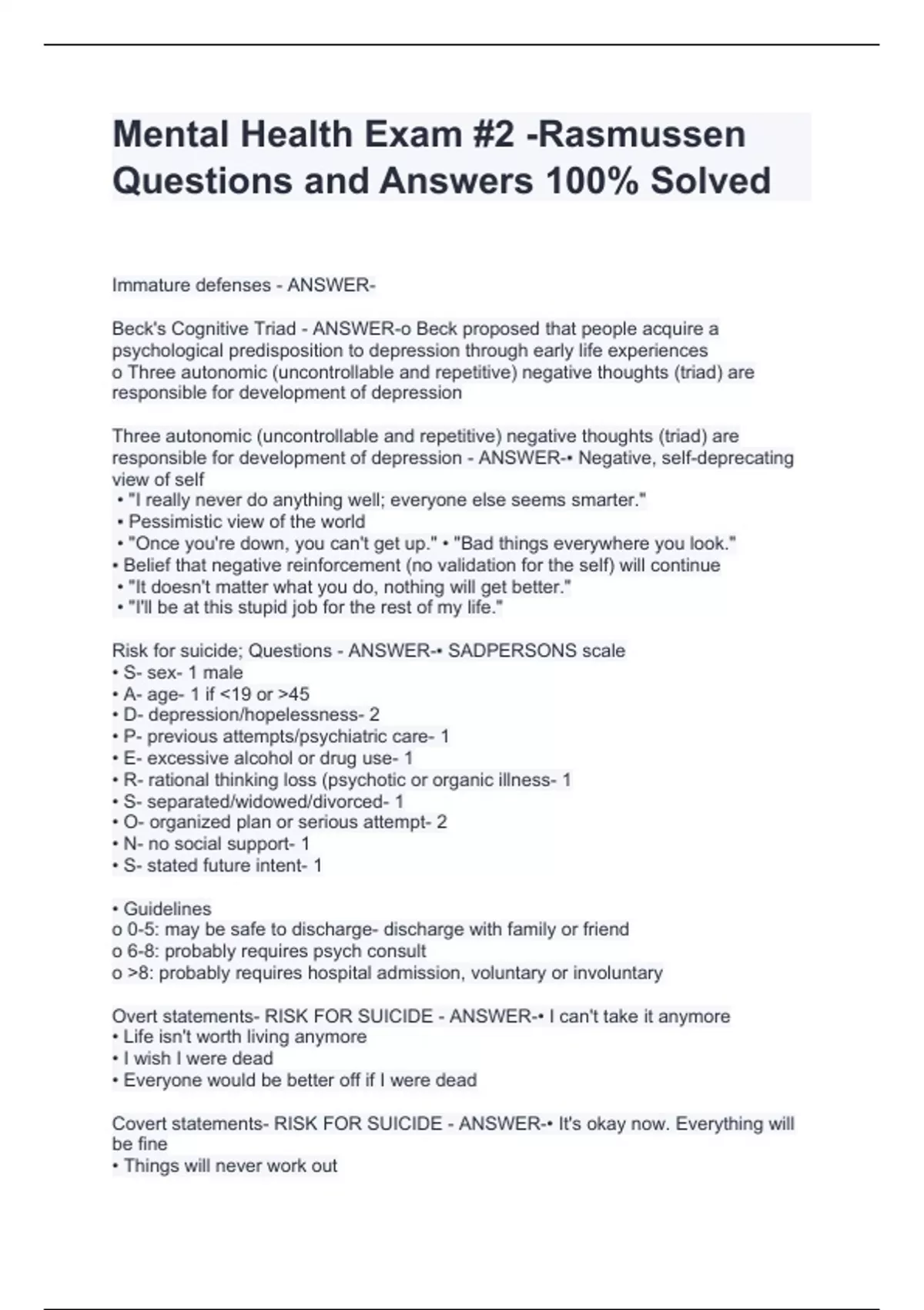 Mental Health Exam #2 -Rasmussen Questions and Answers 100% Solved ...