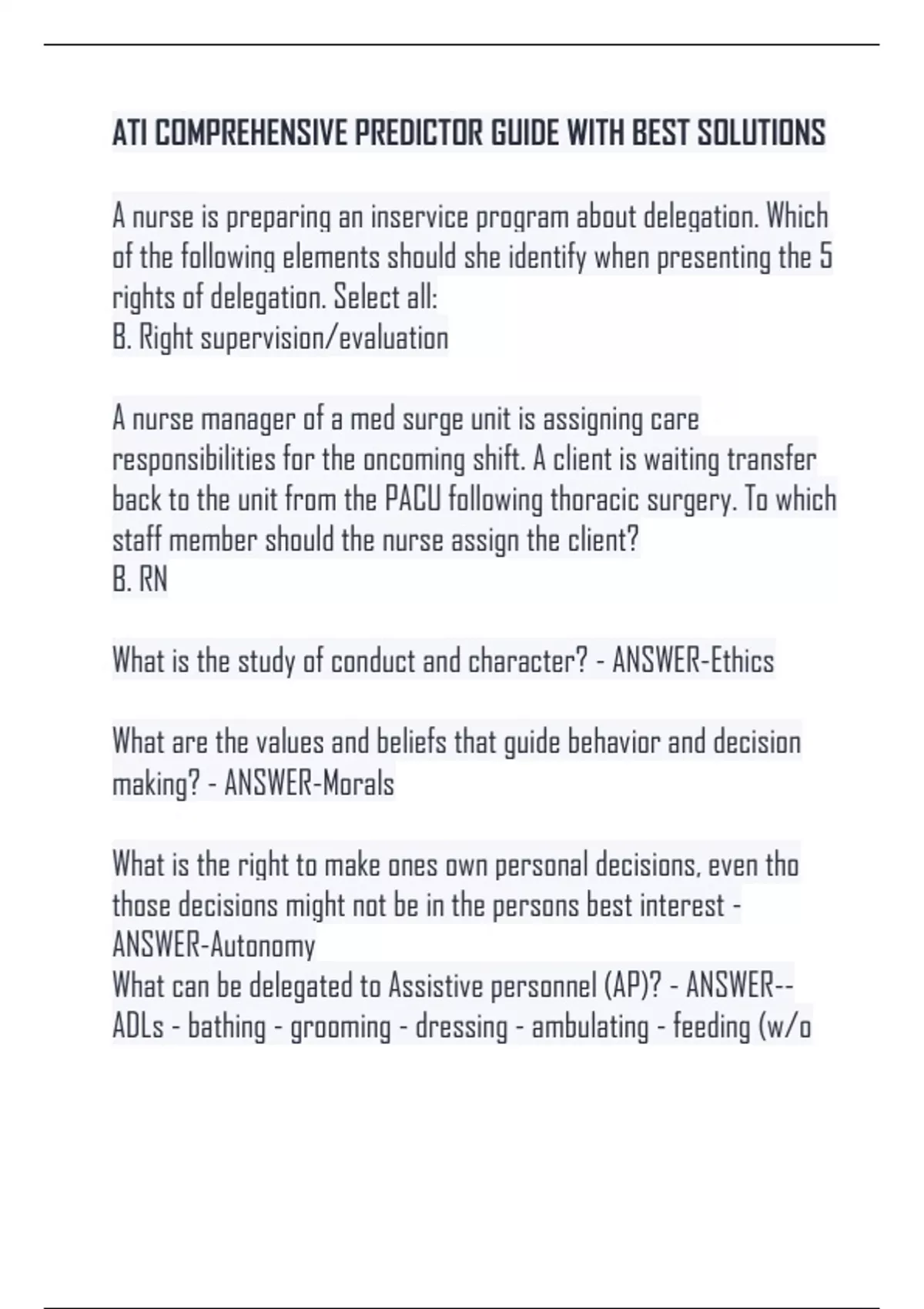 ATI COMPREHENSIVE PREDICTOR GUIDE WITH BEST SOLUTIONS A nurse is ...