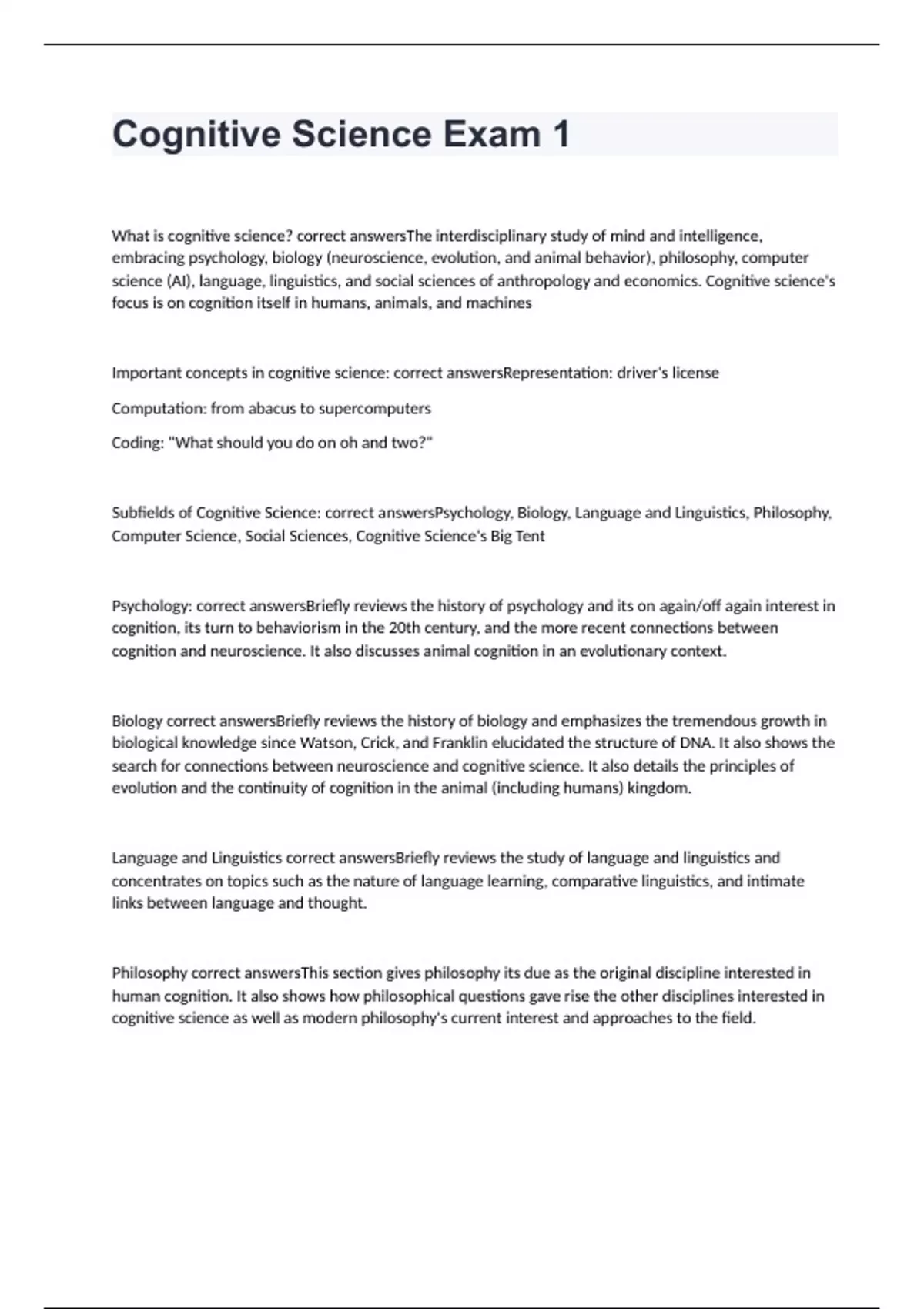 Cognitive Science Exam 1 2024 with 100% correct answers - Cognitive Science E - Stuvia US
