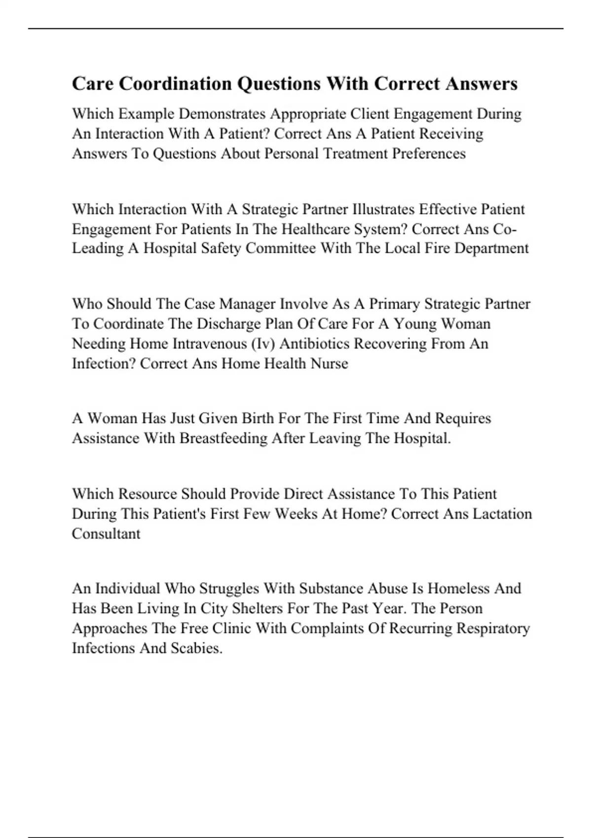 Care Coordination Questions With Correct Answer - Nursing - Stuvia US