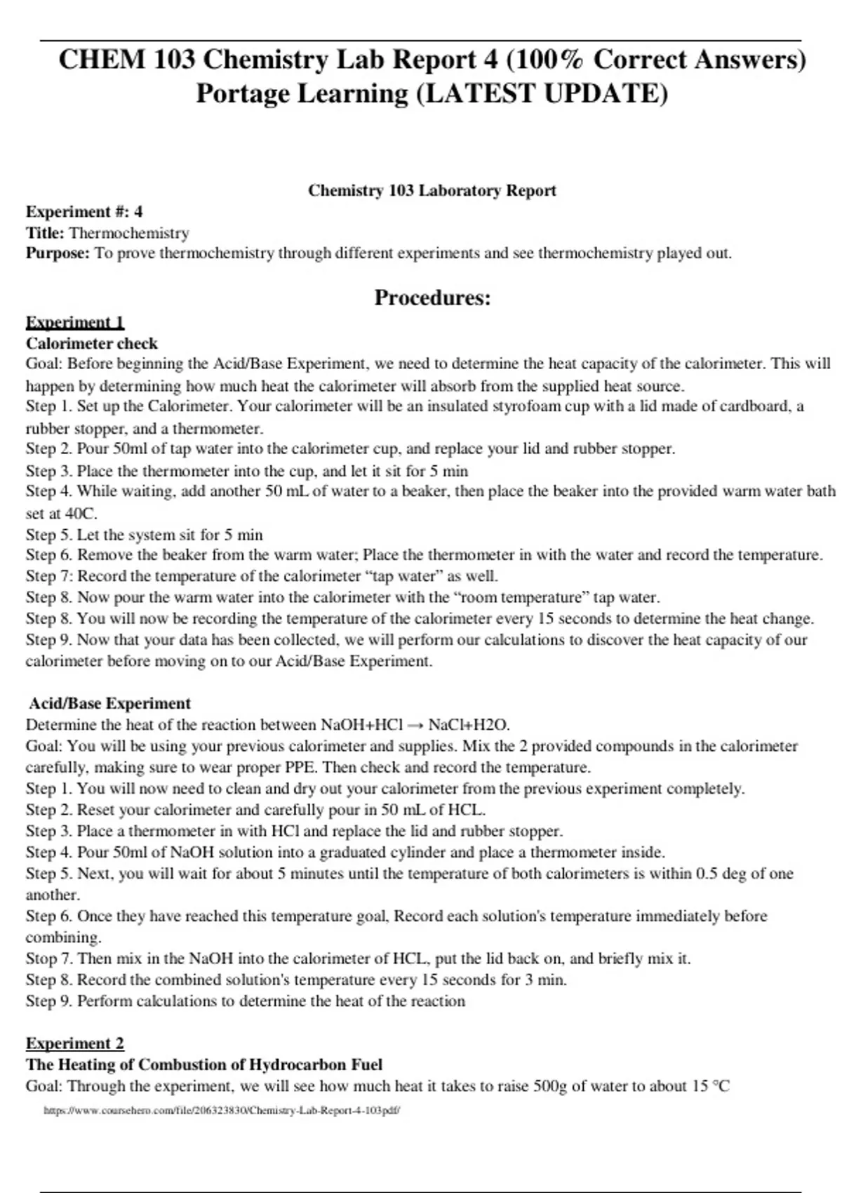 CHEM 103 Chemistry Lab Report 4 (100% Correct Answers) Portage Learning ...