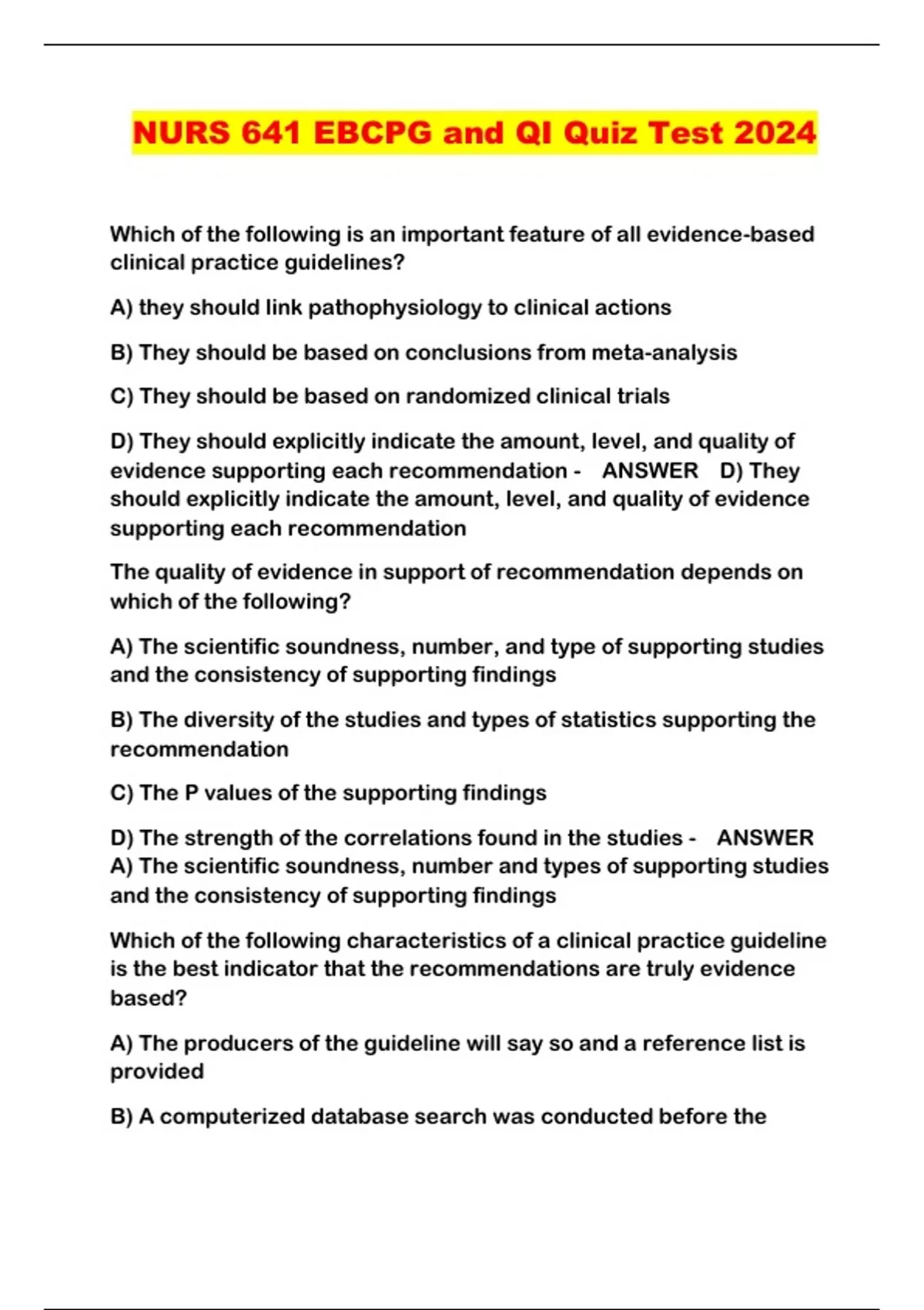 NURS 641 EBCPG and QI Quiz Test 2024 - NURS 641 EBCPG and QI - Stuvia US