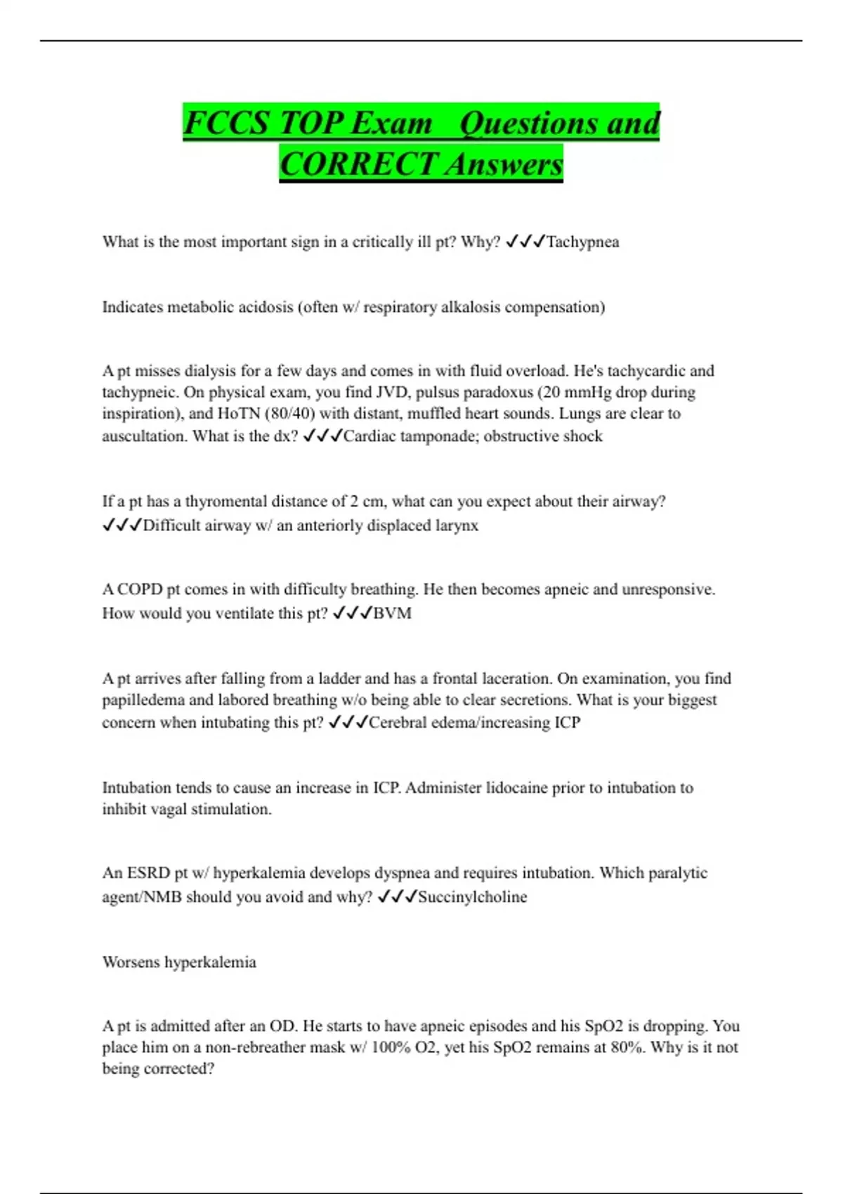 FCCS TOP Exam Questions And CORRECT Answers FCCS Stuvia US
