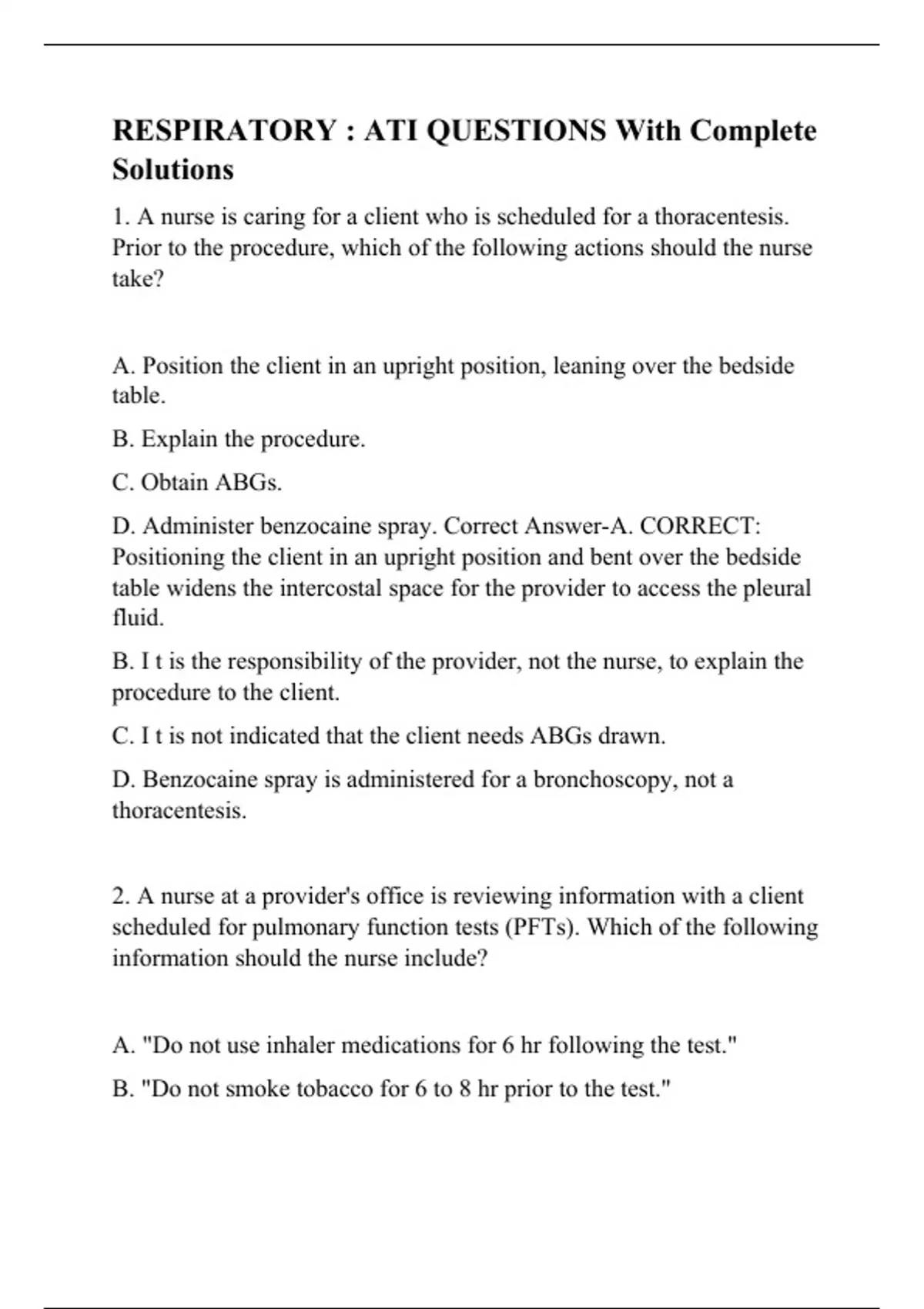 RESPIRATORY : ATI QUESTIONS With Complete Solutions - Nursing course ...