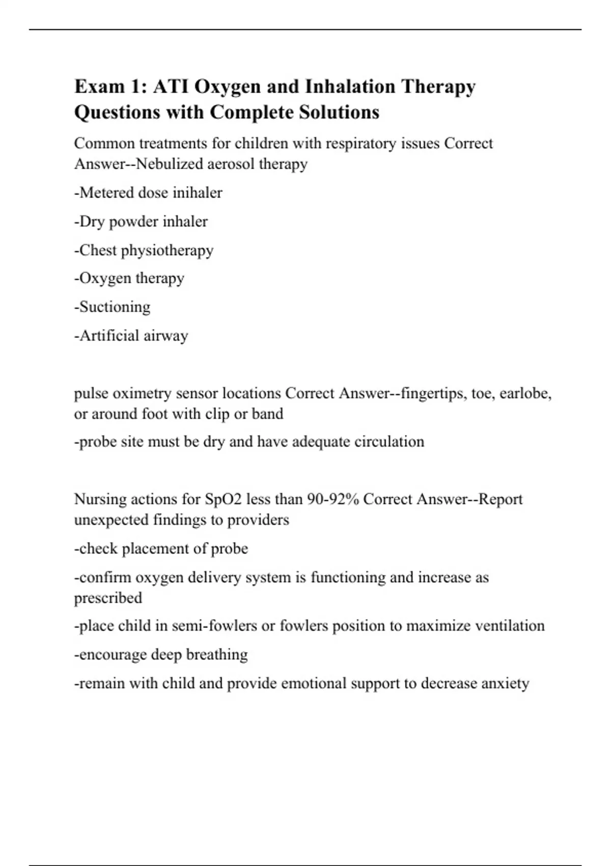 Exam 1: ATI Oxygen and Inhalation Therapy Questions with Complete ...