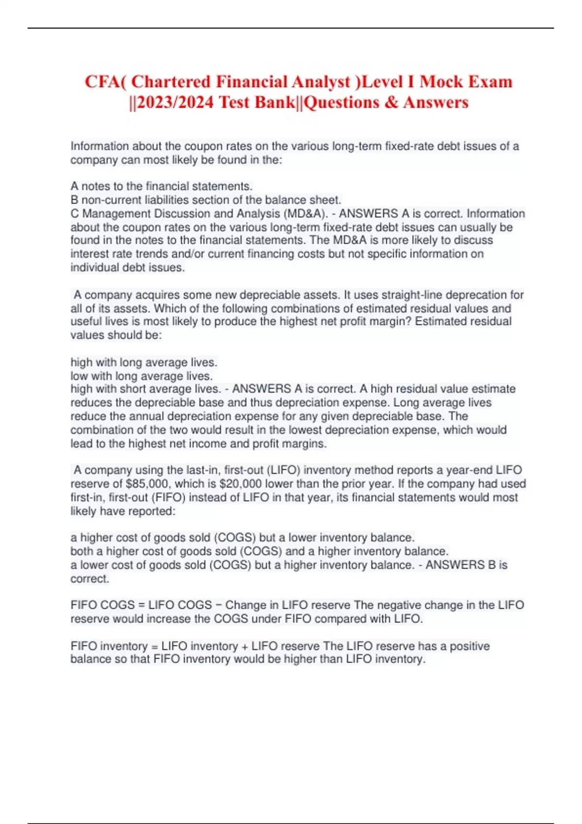 CFA( Chartered Financial Analyst )Level I Mock Exam ||2023/2024 Test ...