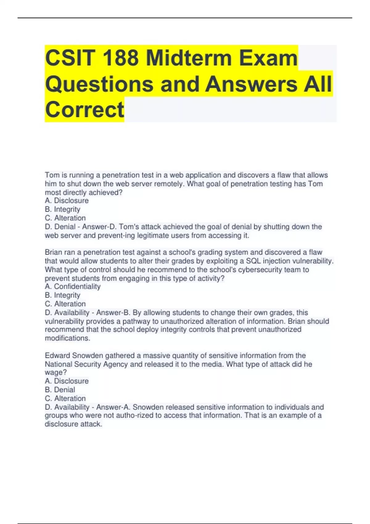 CSIT 188 Midterm Exam Questions and Answers All Correct - CSIT - Stuvia UK