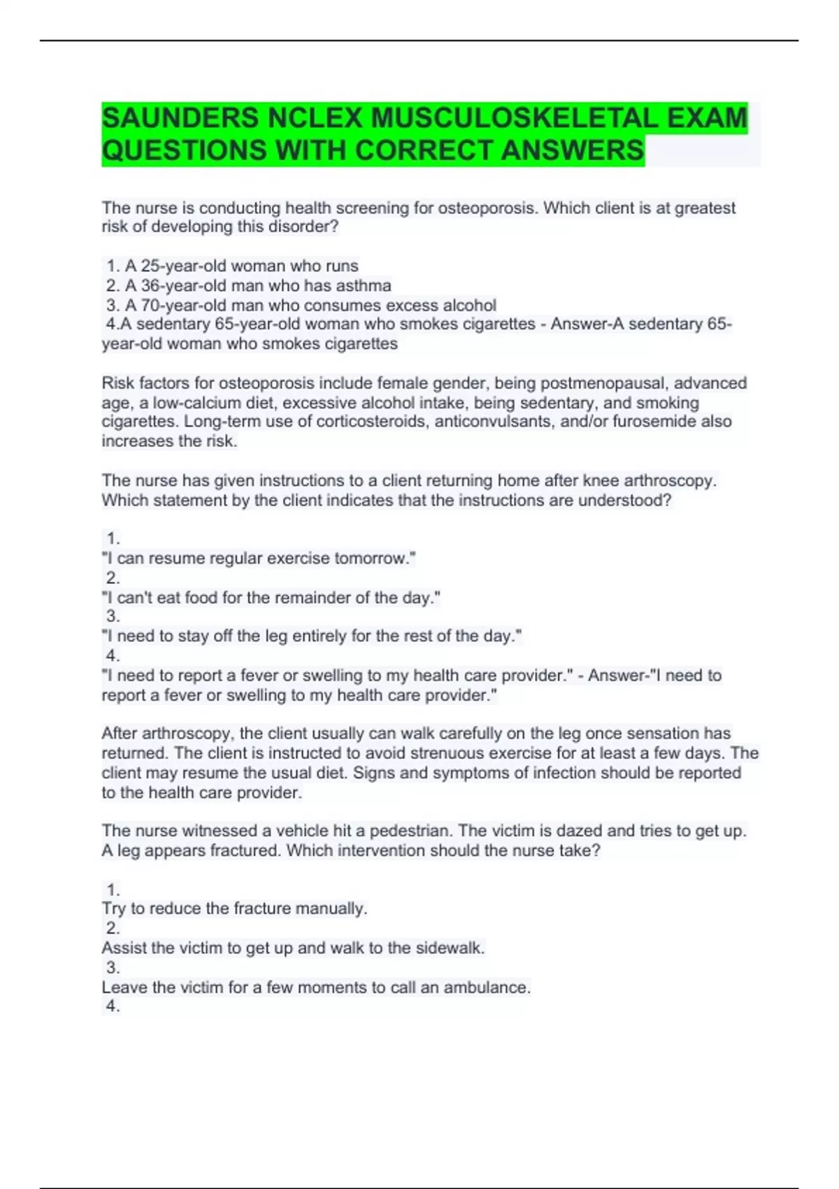 SAUNDERS NCLEX MUSCULOSKELETAL EXAM QUESTIONS WITH CORRECT ANSWERS ...