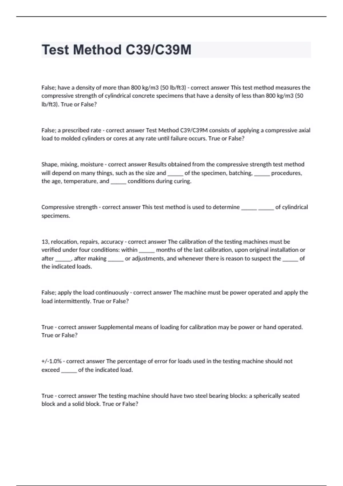 Test Method C39/C39M questions and answers graded A+ 2024/2025 - Aci ...