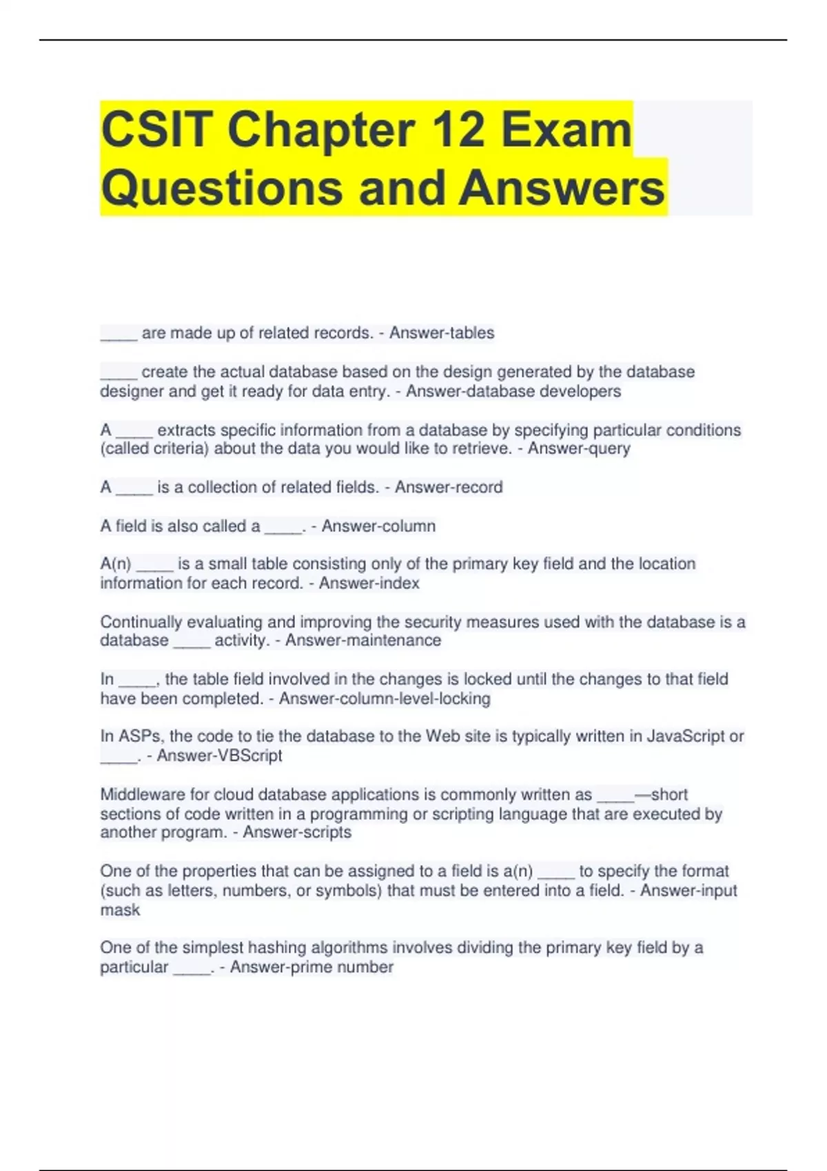 CSIT Chapter 12 Exam Questions and Answers - CSIT - Stuvia US