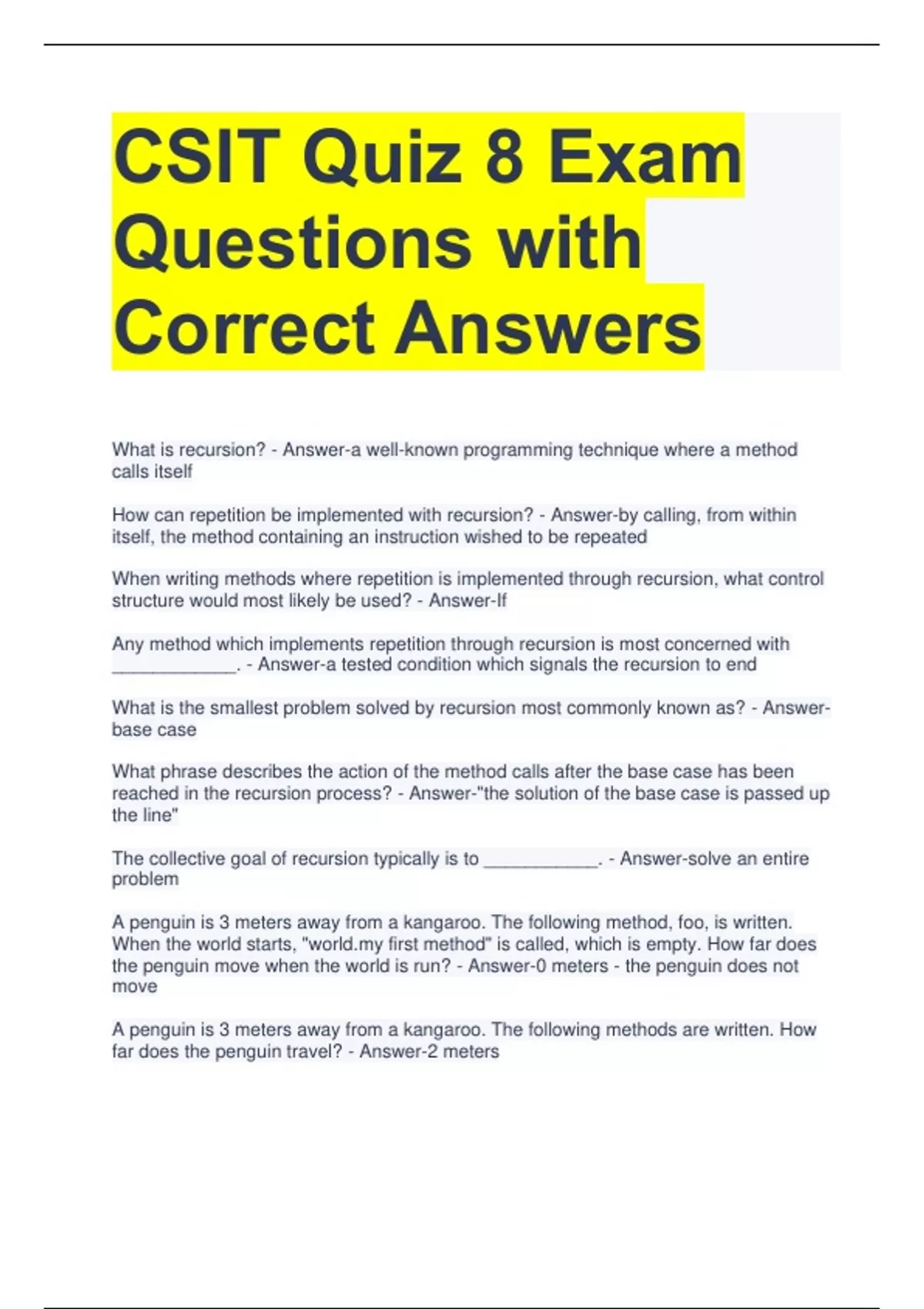 CSIT Quiz 8 Exam Questions with Correct Answers - CSIT - Stuvia UK