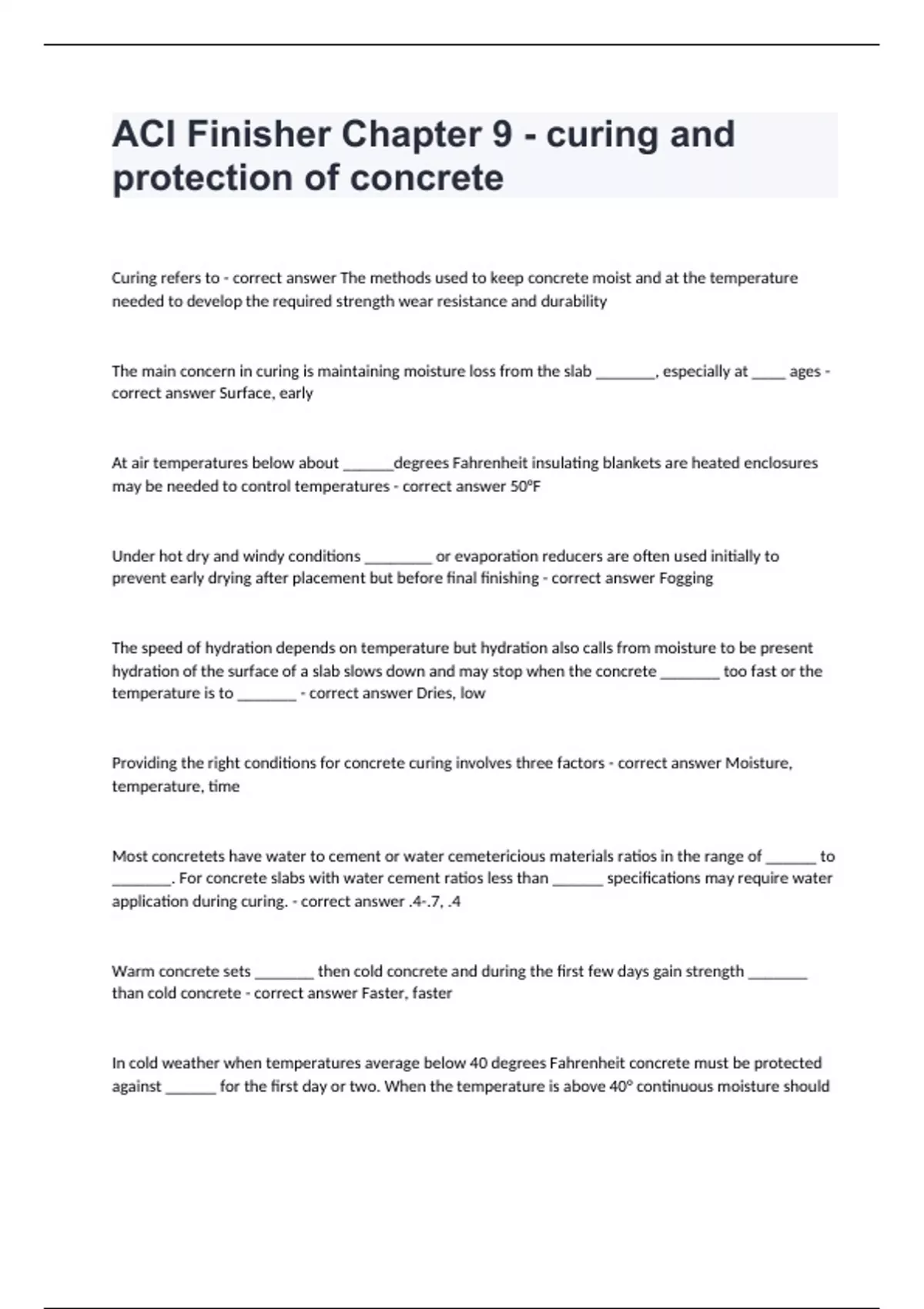 ACI Finisher Chapter 9 - curing and protection of concrete questions ...