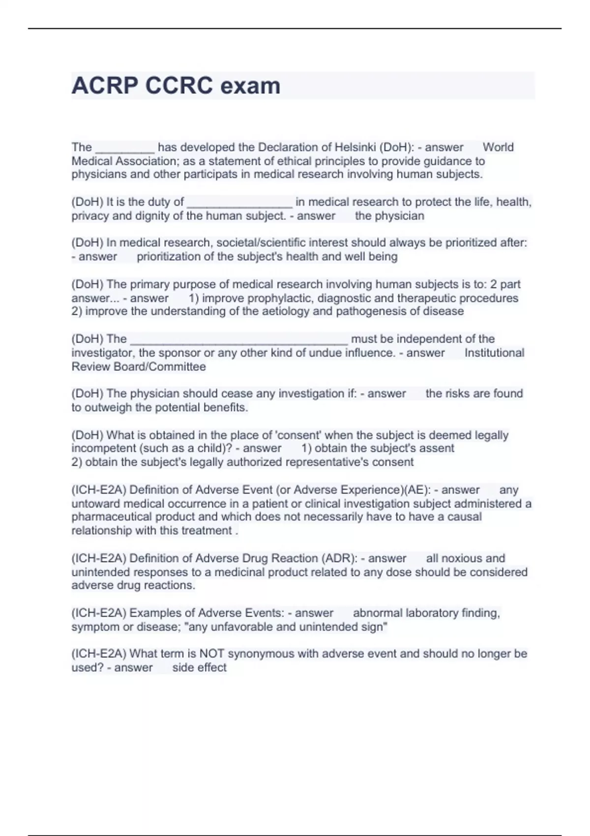 ACRP CCRC exam Questions and Answers 100% Accurate 2024 - Acrp - Stuvia US