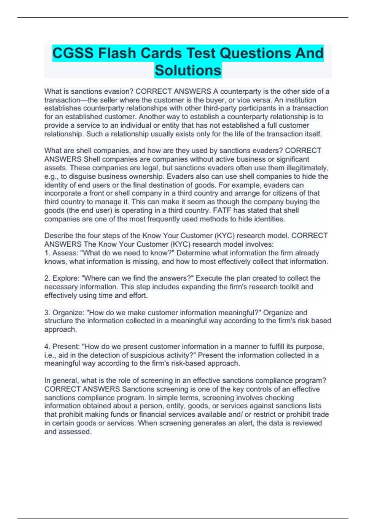 CGSS Flash Cards Test Questions And Solutions - CGSS - Stuvia US