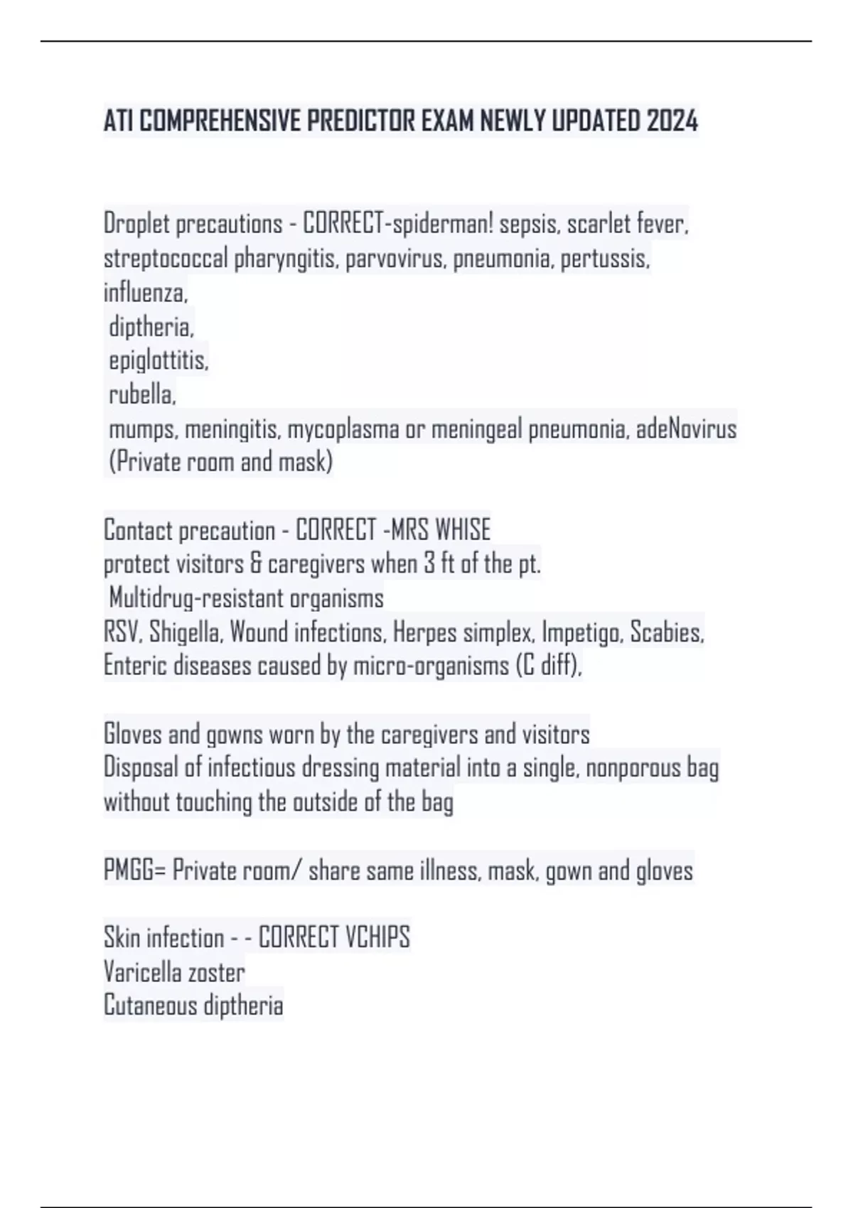 ATI COMPREHENSIVE PREDICTOR EXAM NEWLY UPDATED 2024 Droplet precautions ...