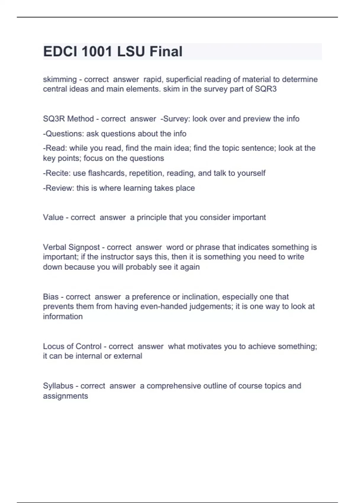 EDCI 1001 LSU Final Questions with complete solution 2024 - EDCI - Stuvia US