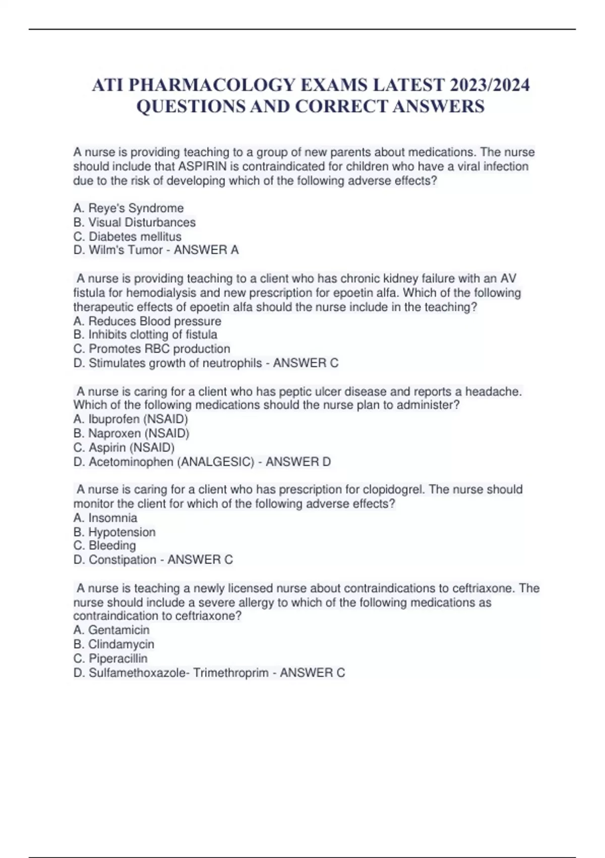 ATI PHARMACOLOGY EXAMS LATEST 2023/2024 QUESTIONS AND CORRECT ANSWERS ...