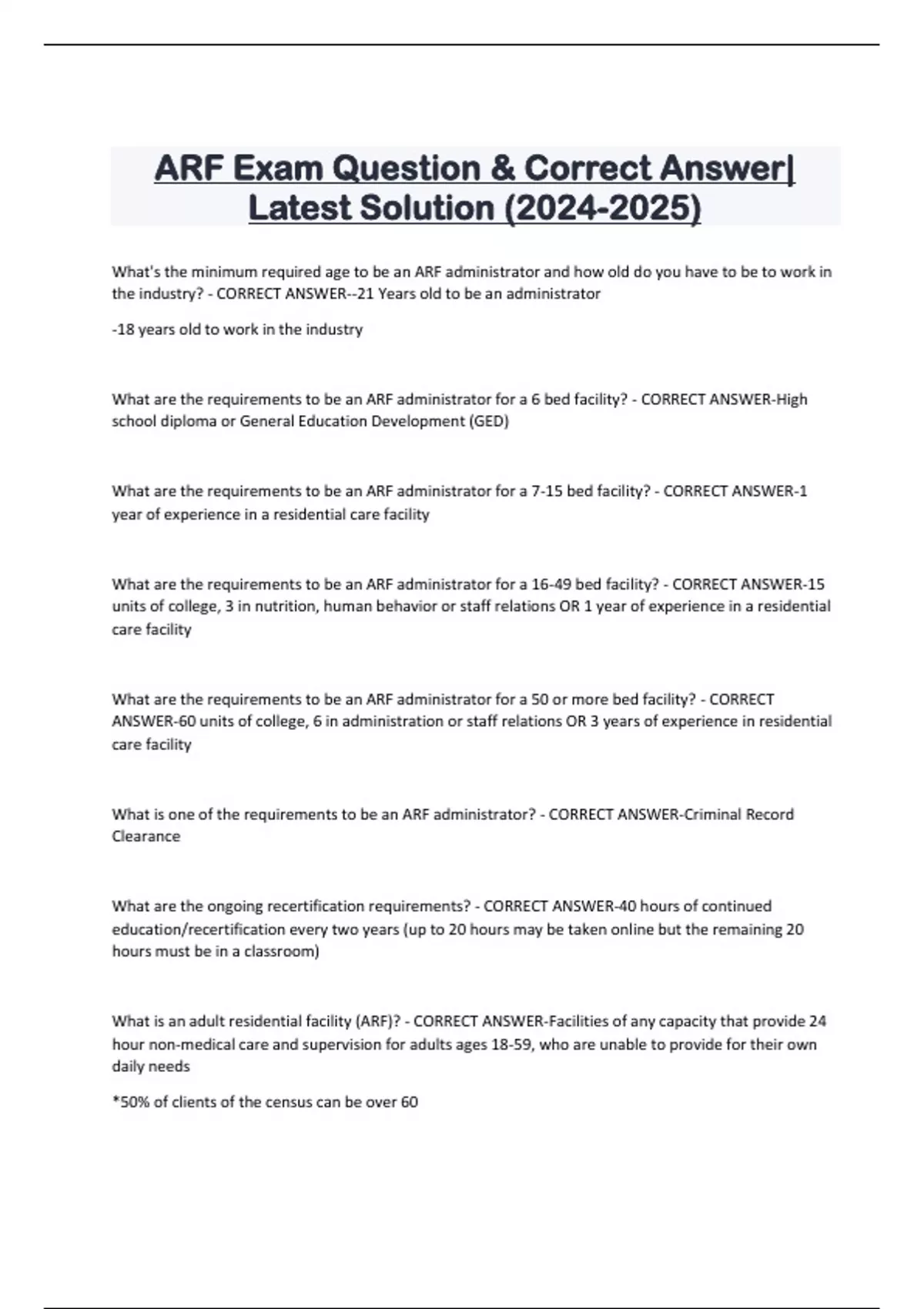 ARF Exam Question & Correct Answer| Latest Solution () - Arf - Stuvia US