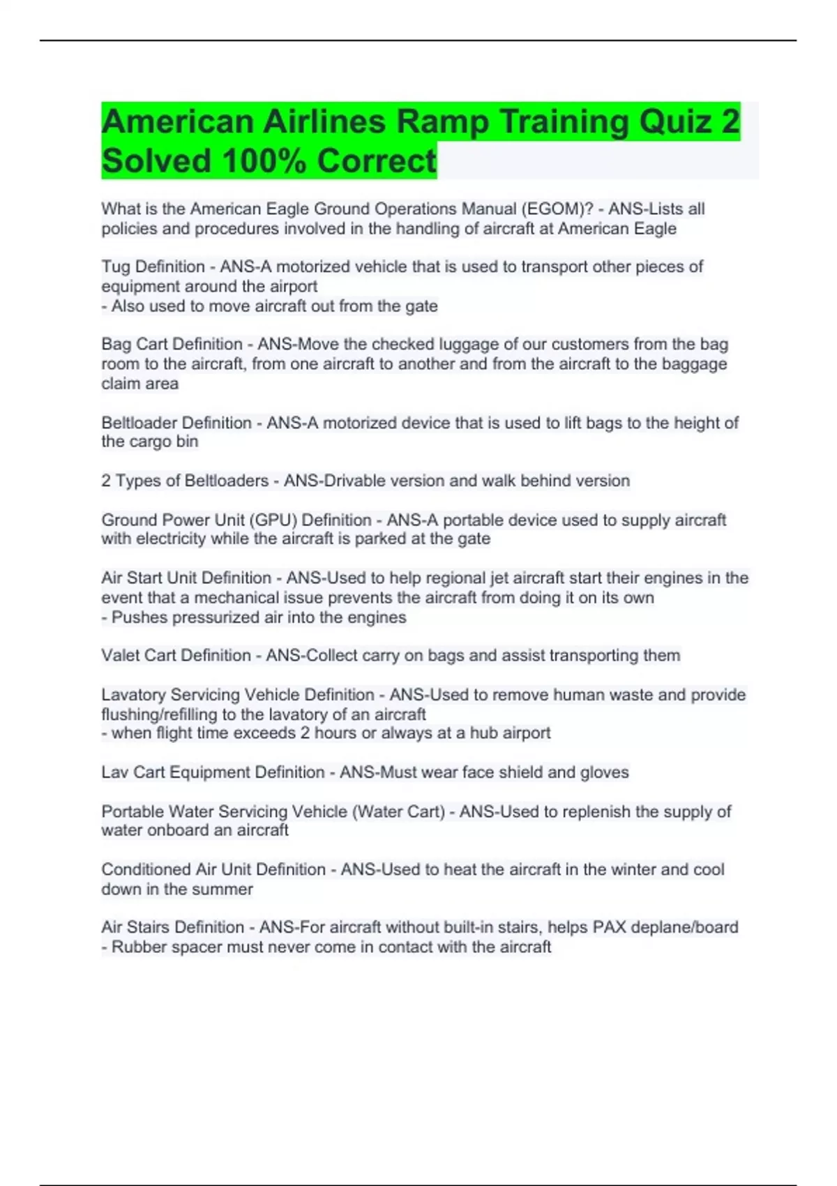 American Airlines Ramp Training Quiz 2 Solved 100% Correct - Ramp ...