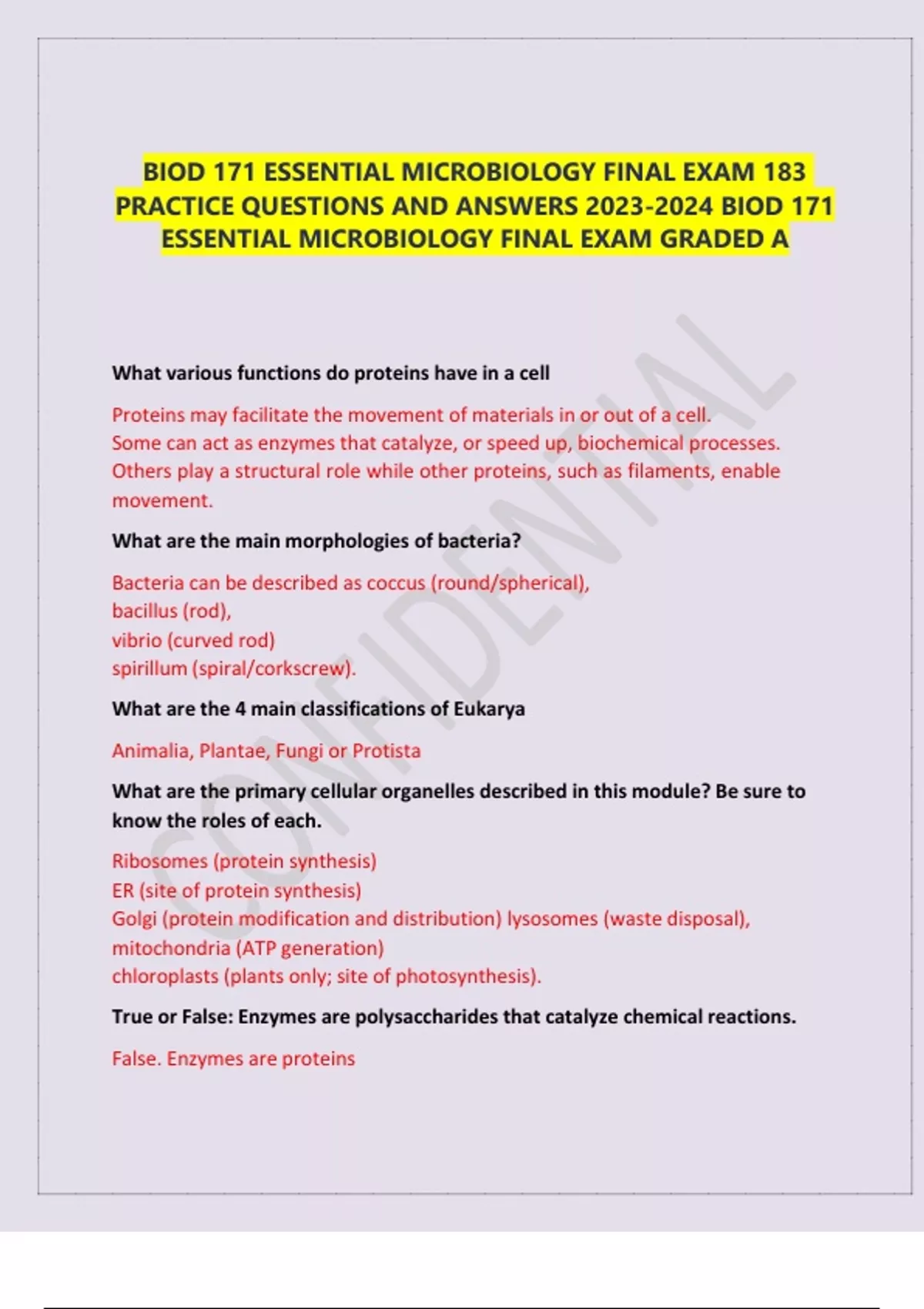 BIOD 171 ESSENTIAL MICROBIOLOGY FINAL EXAM 183 PRACTICE QUESTIONS AND ANSWERS BIOD 171 ESSENTIAL ...