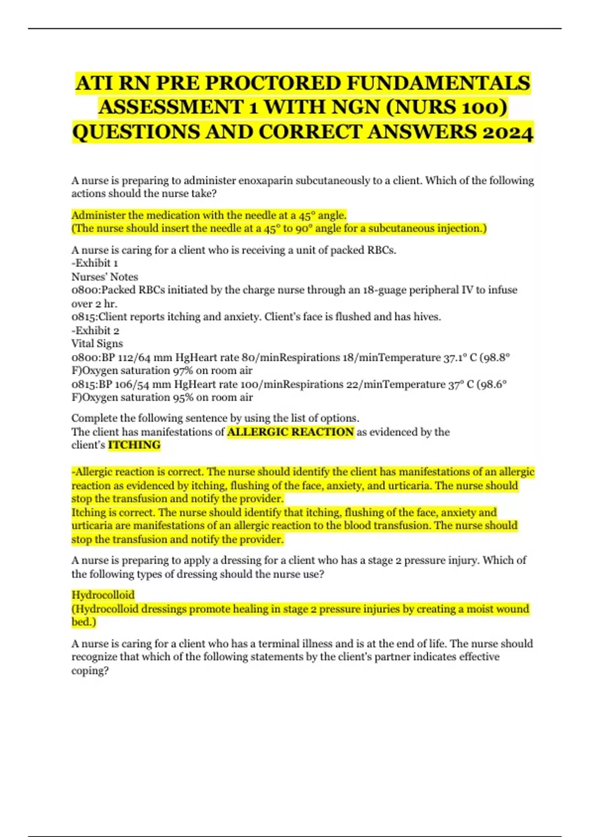 ATI RN PRE PROCTORED FUNDAMENTALS ASSESSMENT 1 WITH NGN (NURS 100 ...