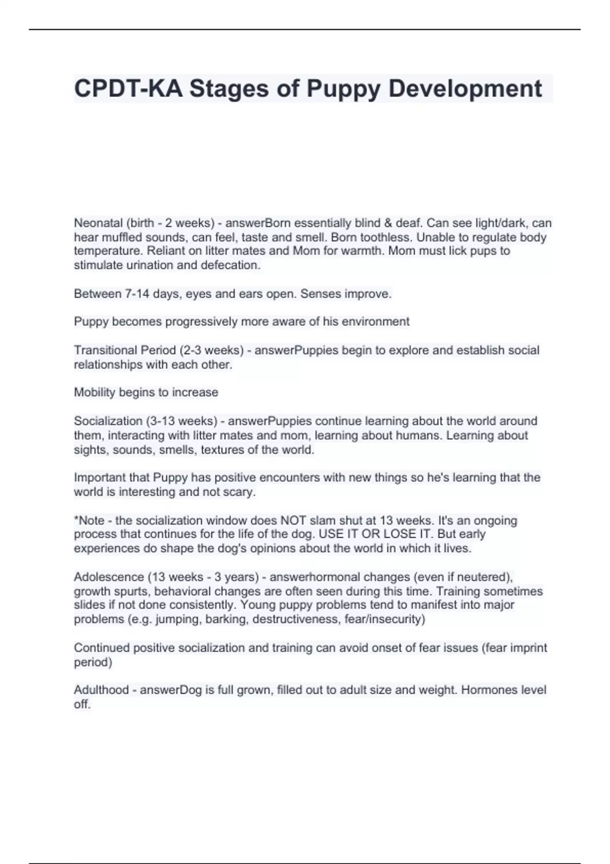 CPDT-KA Stages of Puppy Development Questions with solutions - CPDT-KA ...