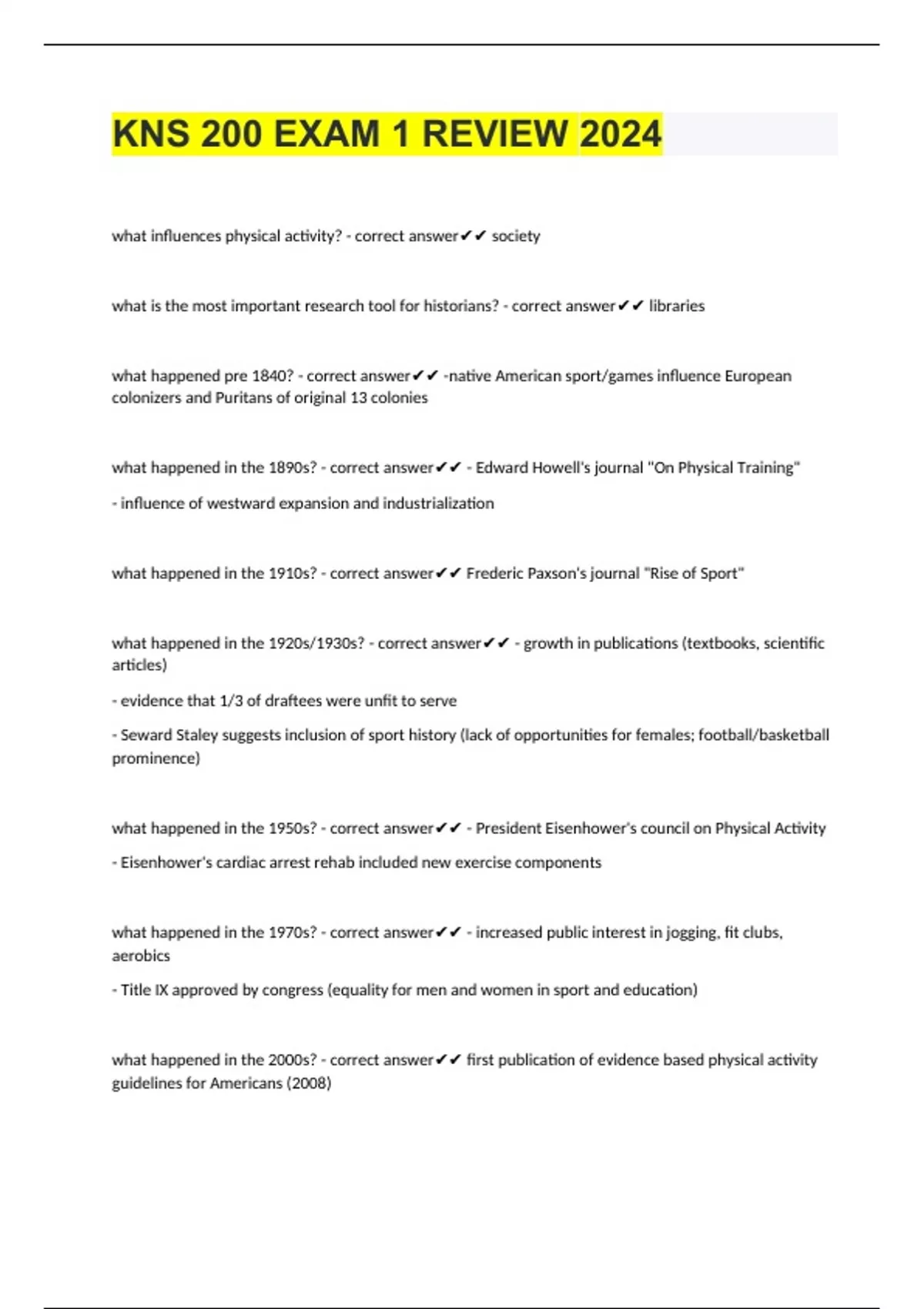 KNS 200 EXAM 1 REVIEW 2024 - KNS 200 - Stuvia US