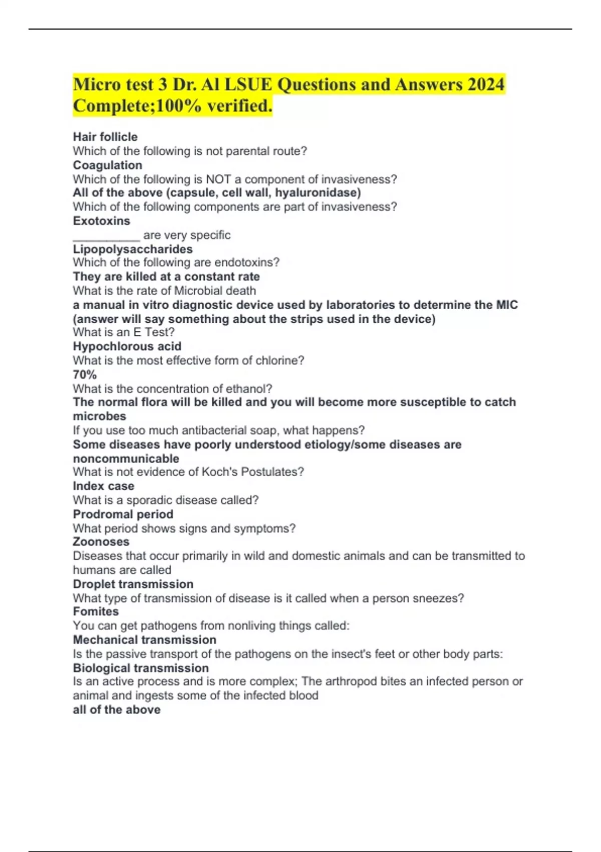 Micro test 3 Dr. Al LSUE Questions and Answers 2024 Complete;100% ...