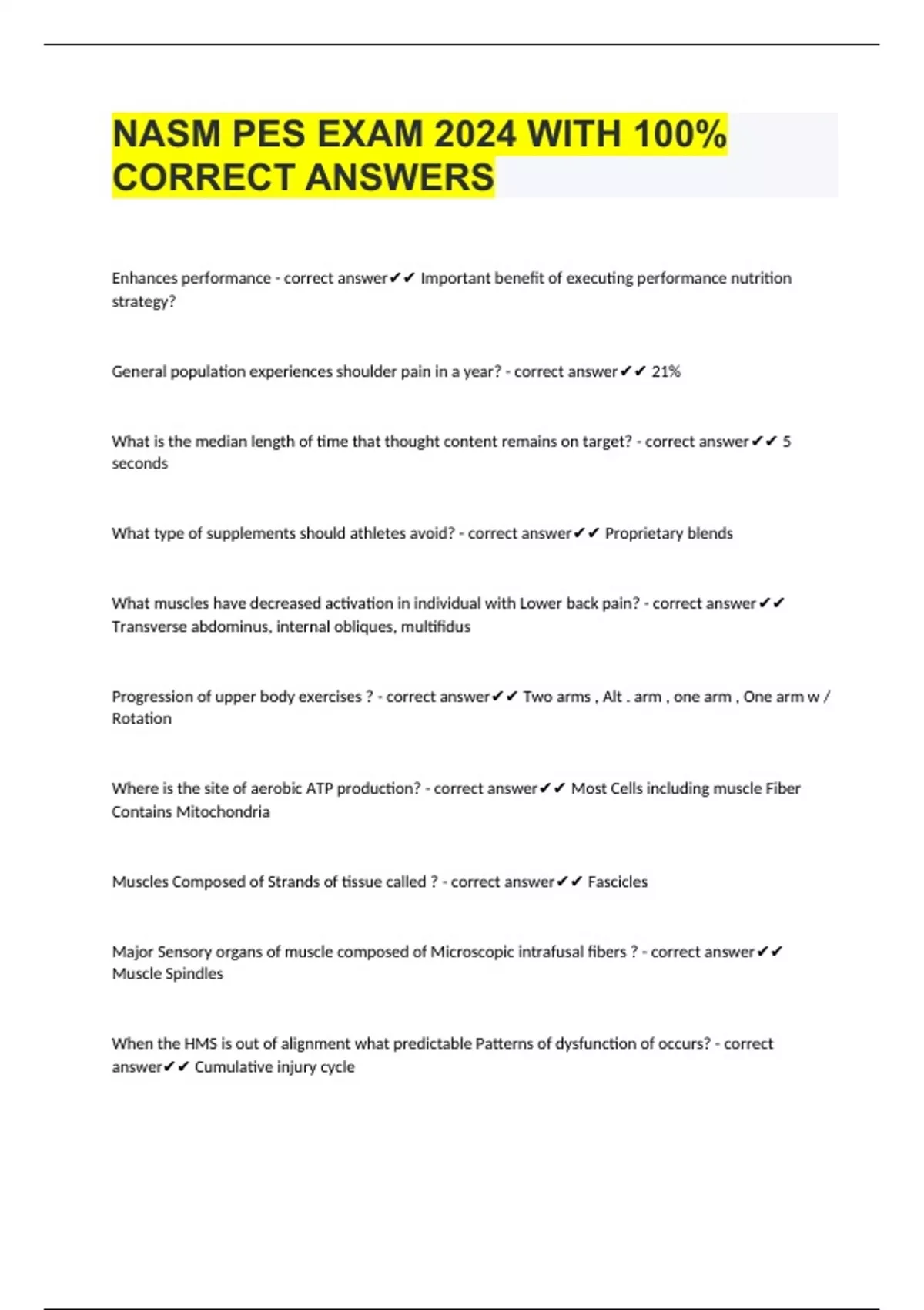 NASM PES EXAM 2024 WITH 100% CORRECT ANSWERS - NASM PES - Stuvia US