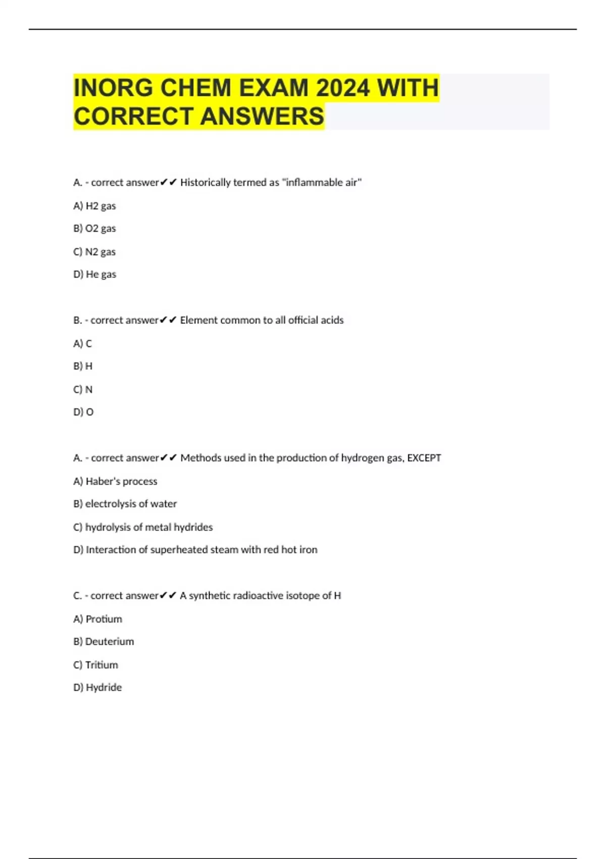 INORG CHEM EXAM 2024 WITH CORRECT ANSWERS - INORG CHEM - Stuvia US