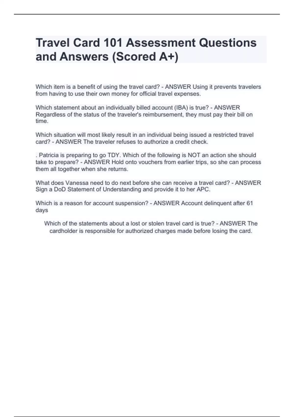 Travel Card 101 Assessment Questions and Answers (Scored A+) - Travel ...