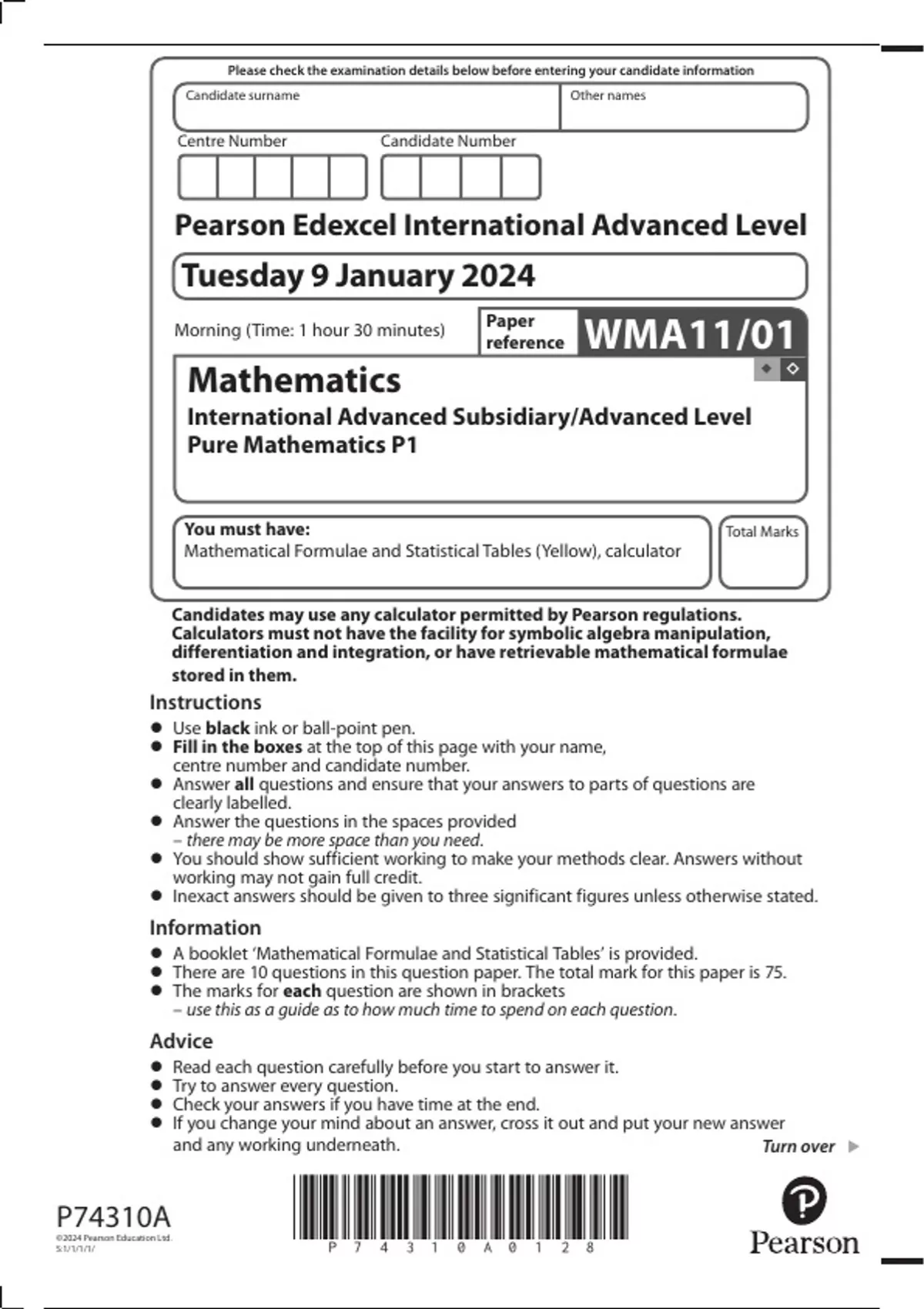 Pearson Edexcel A-Level Mathematics Paper 1 Advanced Subsidiary ...