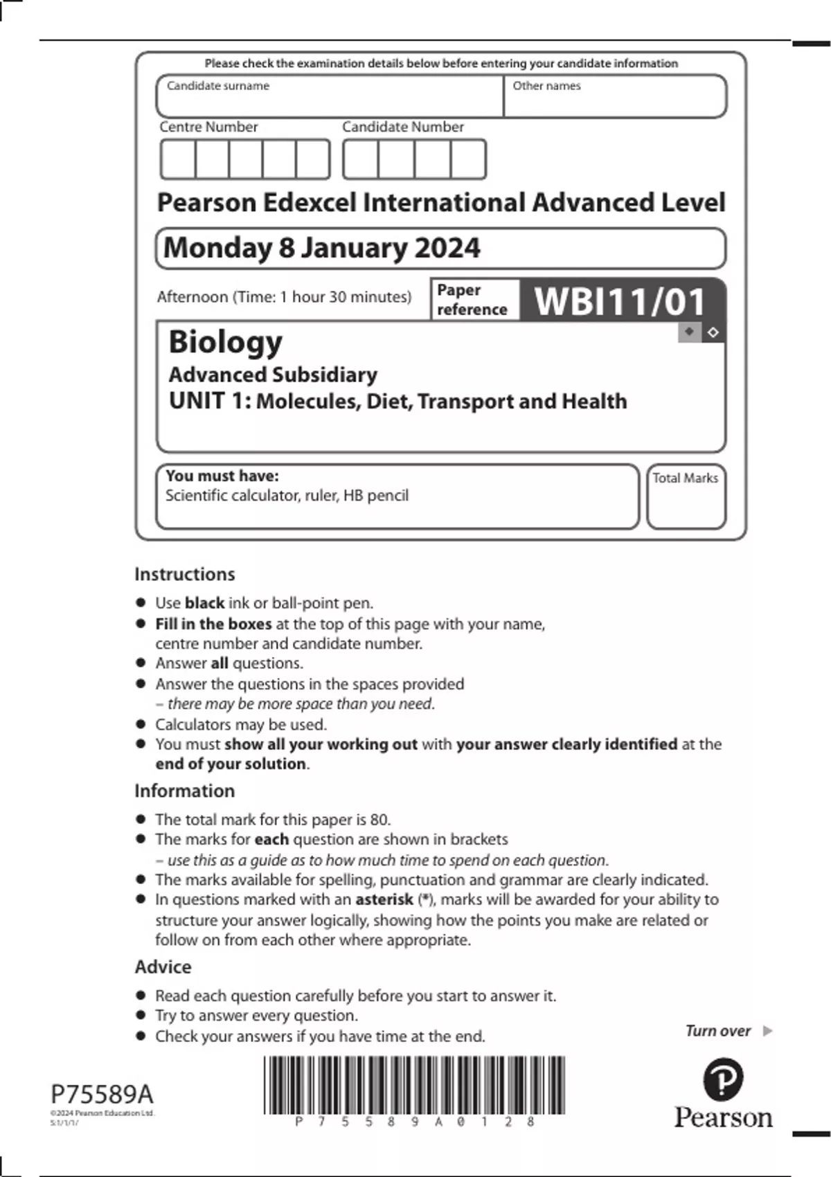 Pearson Edexcel AS/ A-Level Biology UNIT 1: Molecules, Diet, Transport ...